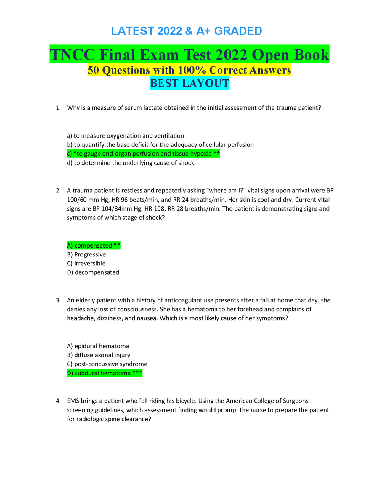 TNCC Final Exam Test; 50 Questions with 100% Correct Answers | Exams ...