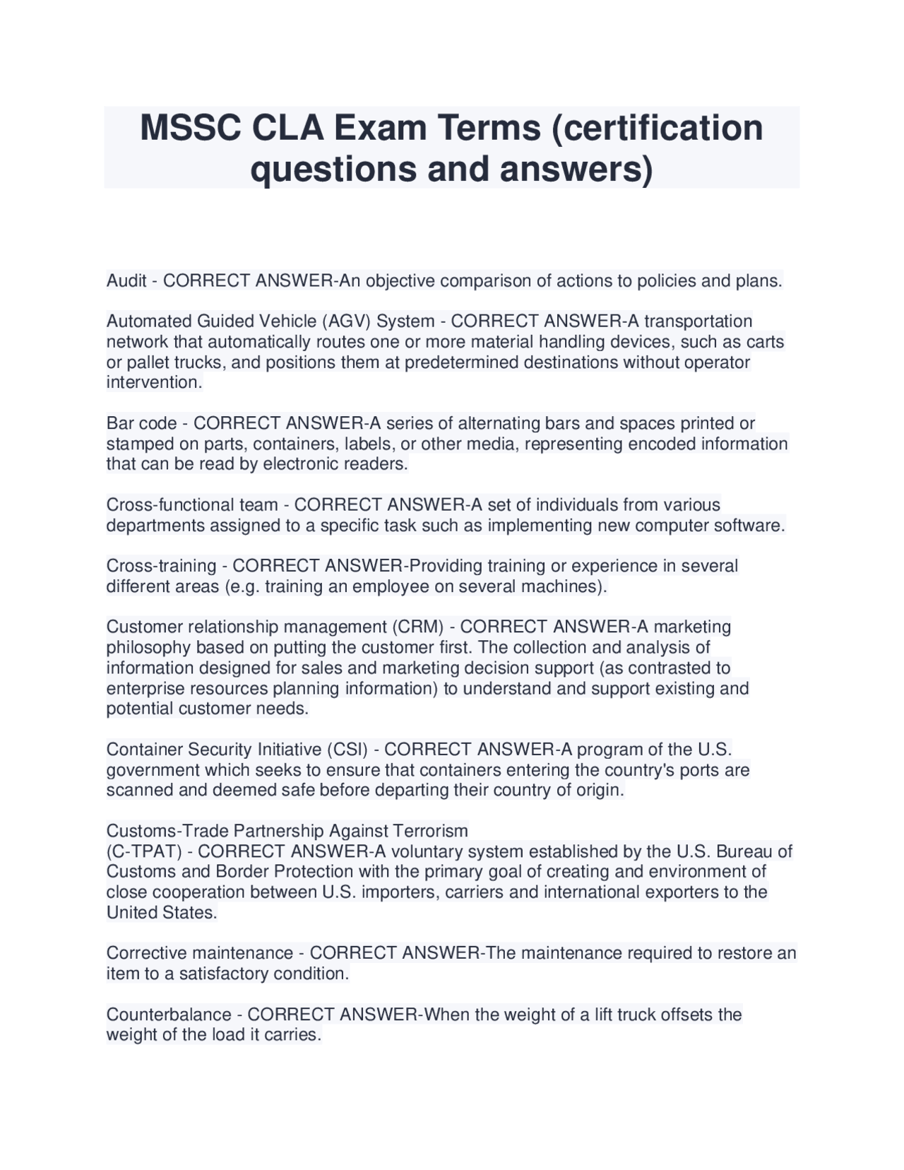 MSSC CLA Exam Terms (certification questions and answers) | Exams ...