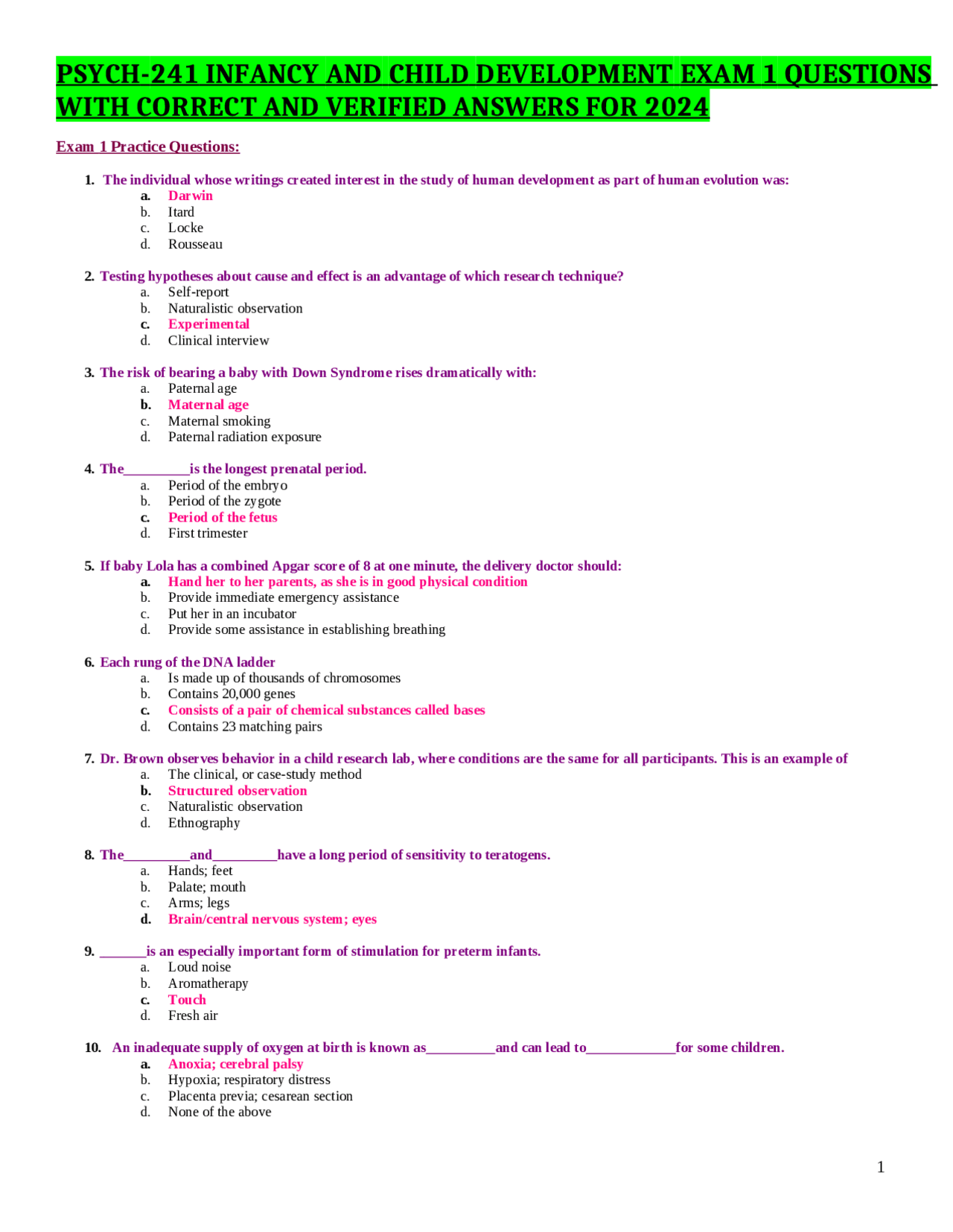 PSYCH-241 INFANCY AND CHILD DEVELOPMENT EXAM 1 QUESTIONS WITH CORRECT ...