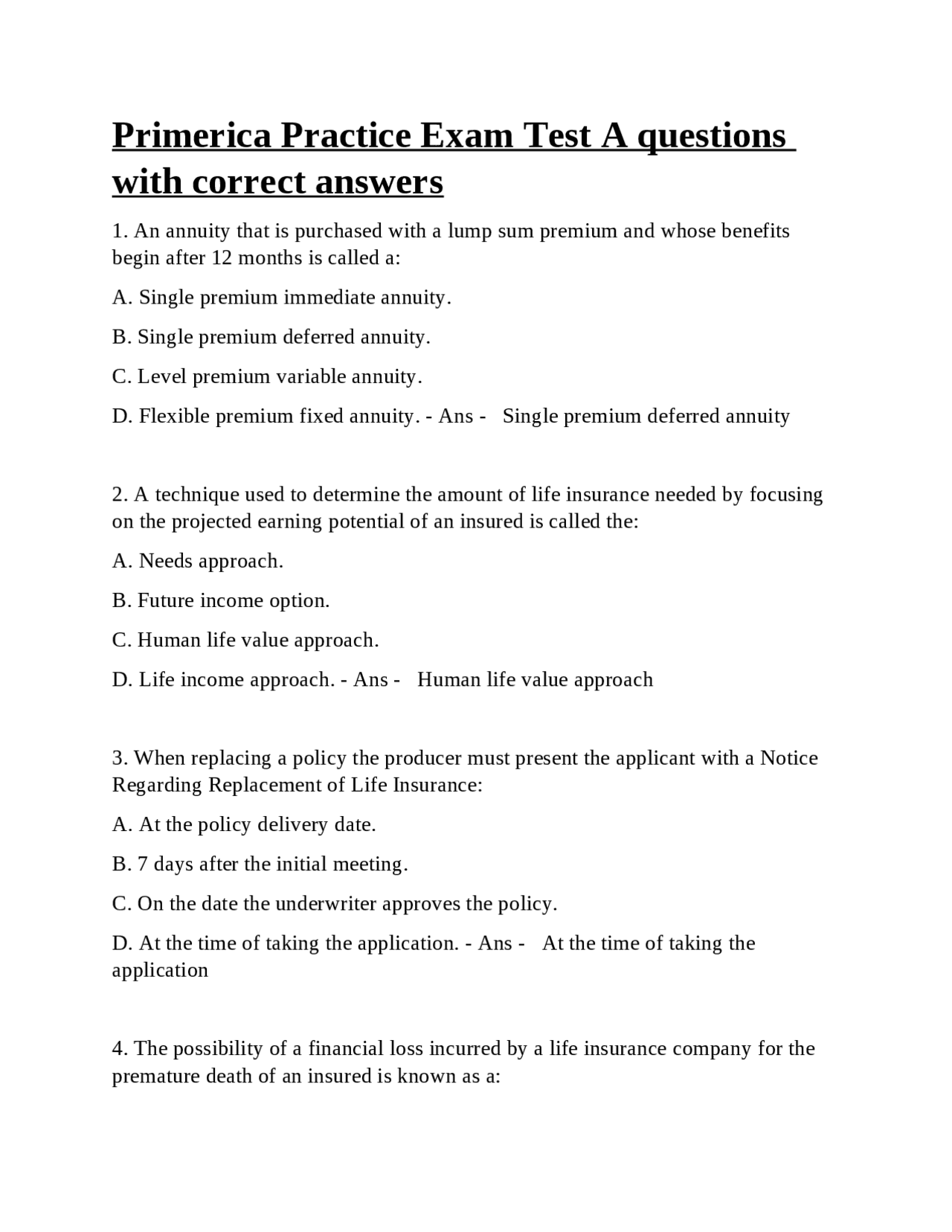 Primerica Practice Exam Test A questions with correct answers | Exams ...