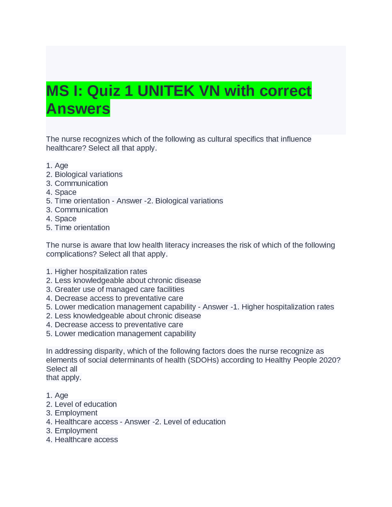 MS I Quiz 1 UNITEK VN with correct Answers | Exams Nursing | Docsity