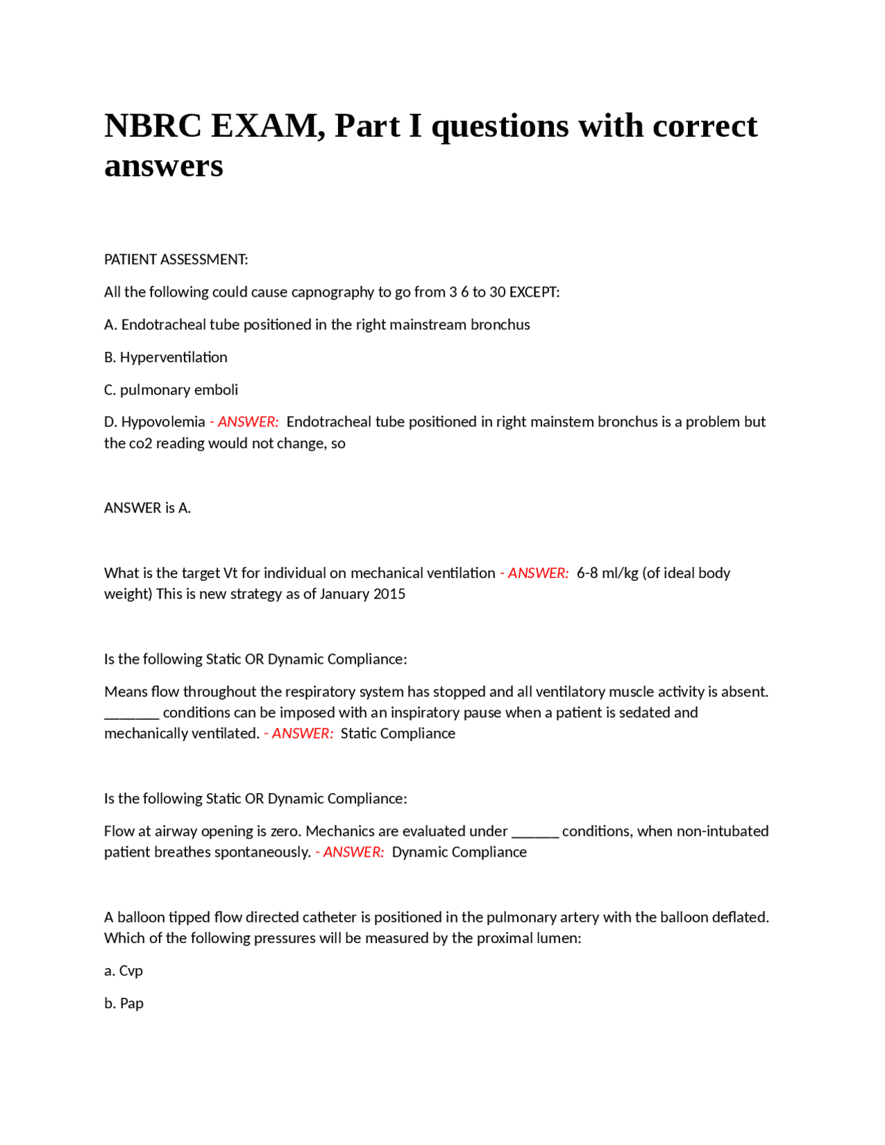 NBRC EXAM, Part I questions with correct answers | Exams Nursing | Docsity