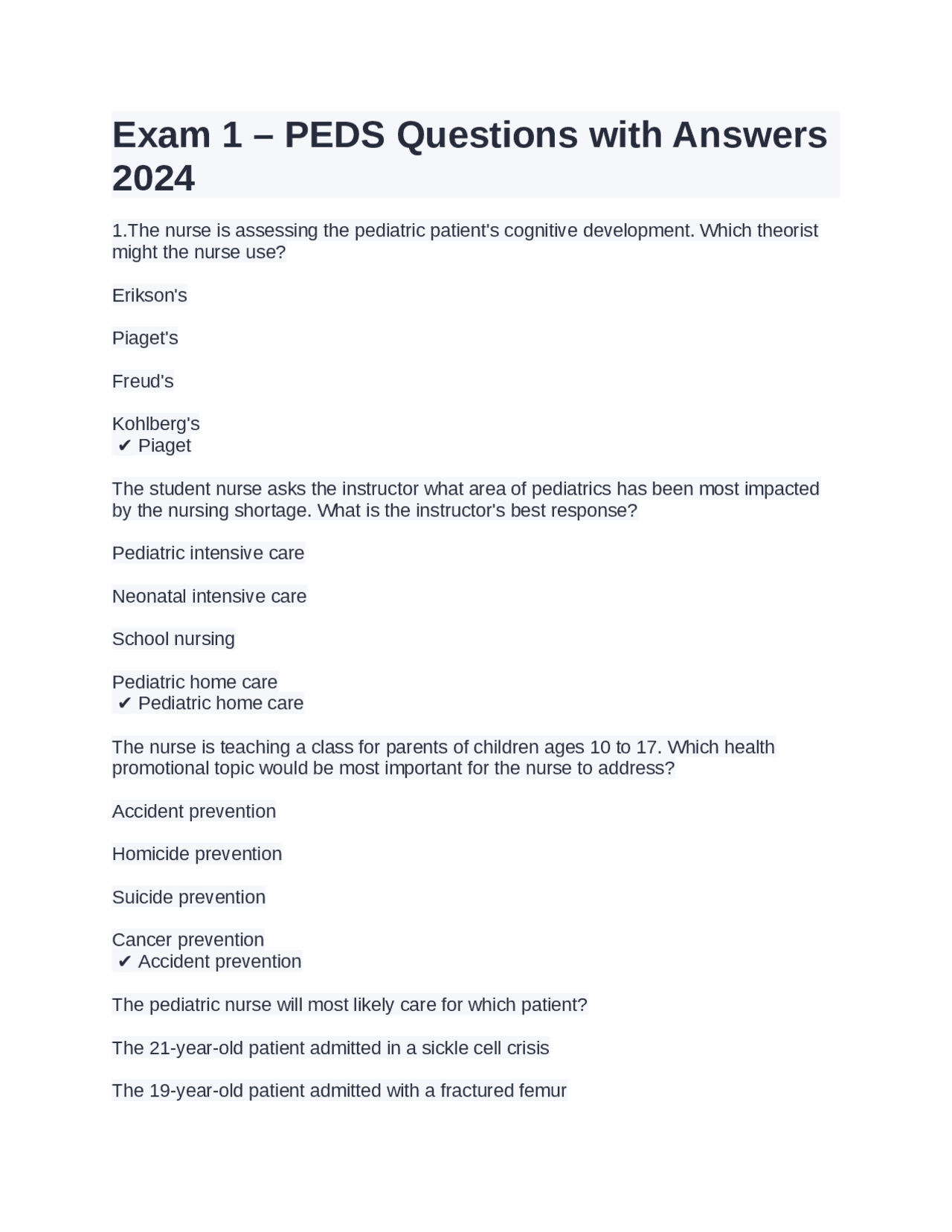 Exam 1 – PEDS Questions with Answers 2024 | Exams Nursing | Docsity