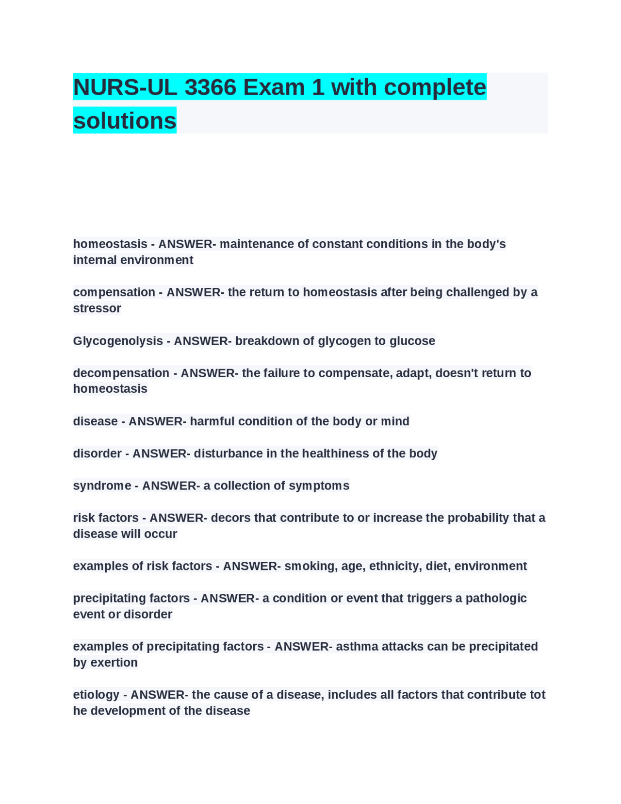 NURS-UL 3366 Exam 1 with complete solutions | Exams Nursing | Docsity