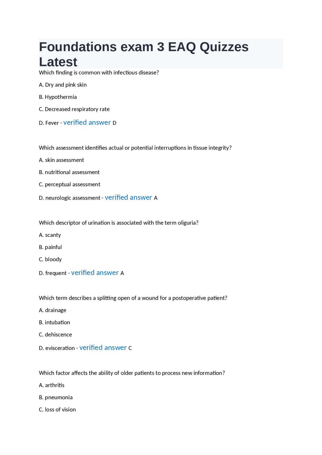 Foundations exam 3 EAQ Quizzes Latest | Exams Medicine | Docsity