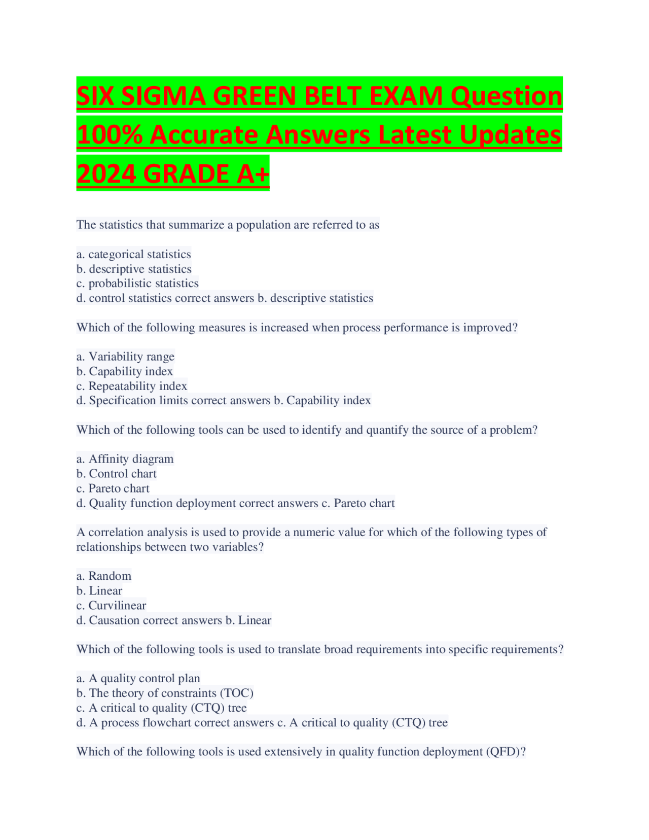 SIX SIGMA GREEN BELT EXAM Question 100% Accurate Answers Latest Updates ...
