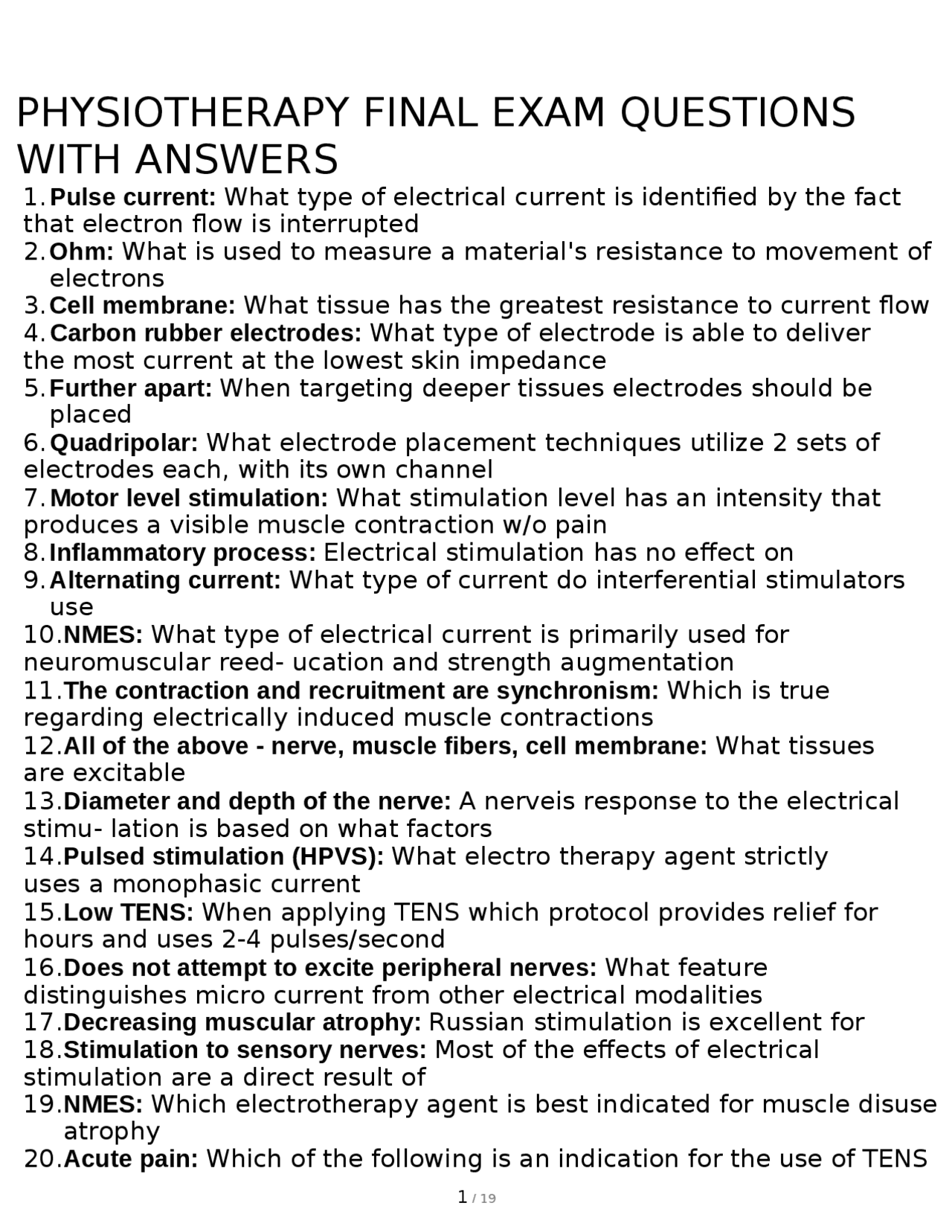 PHYSIOTHERAPY FINAL EXAM QUESTIONS WITH ANSWERS | Exams Physiotherapy ...
