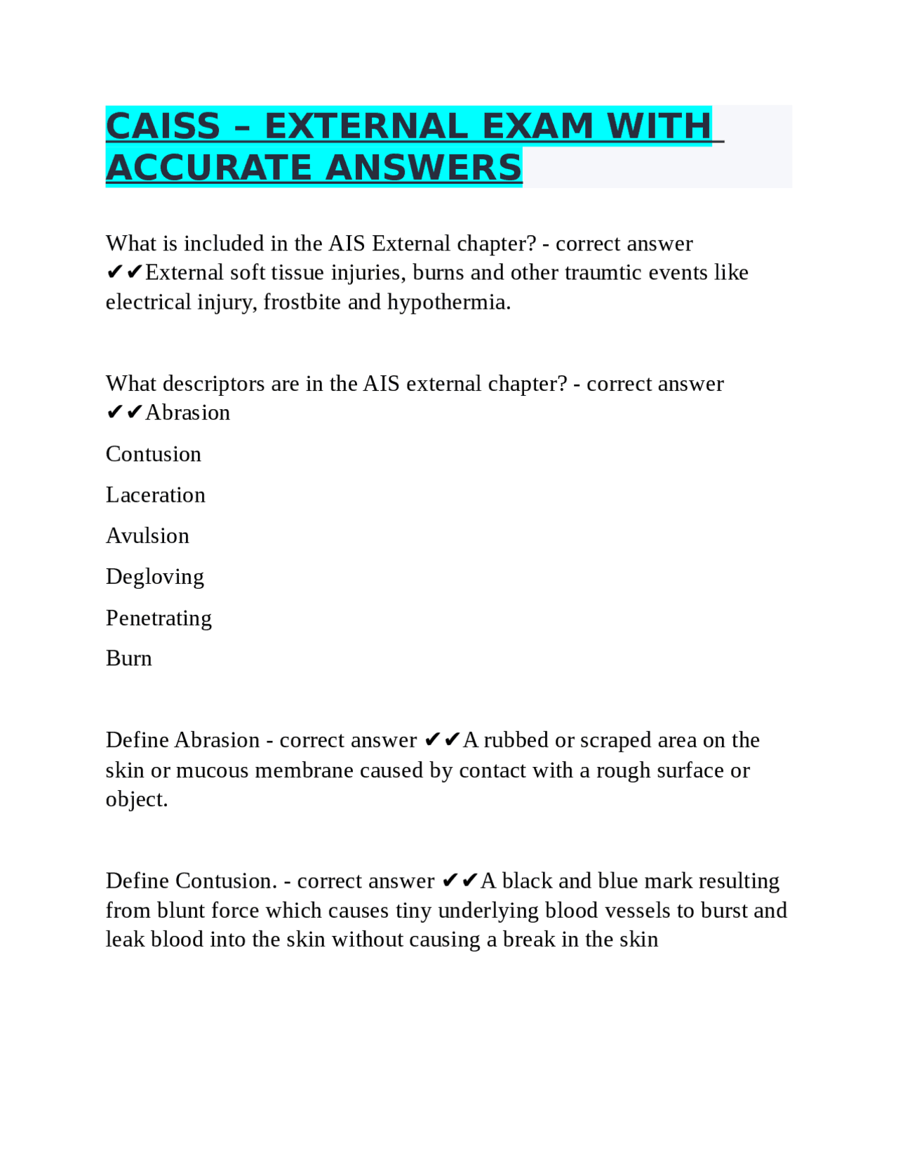 CAISS – EXTERNAL EXAM WITH ACCURATE ANSWERS | Exams Nursing | Docsity