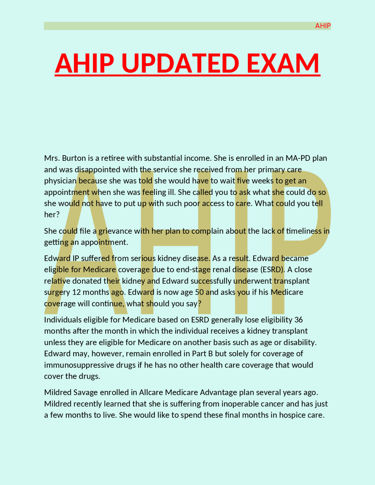 AHIP UPDATED EXAM -- UPDATED SOLUTION | Exams Nursing | Docsity