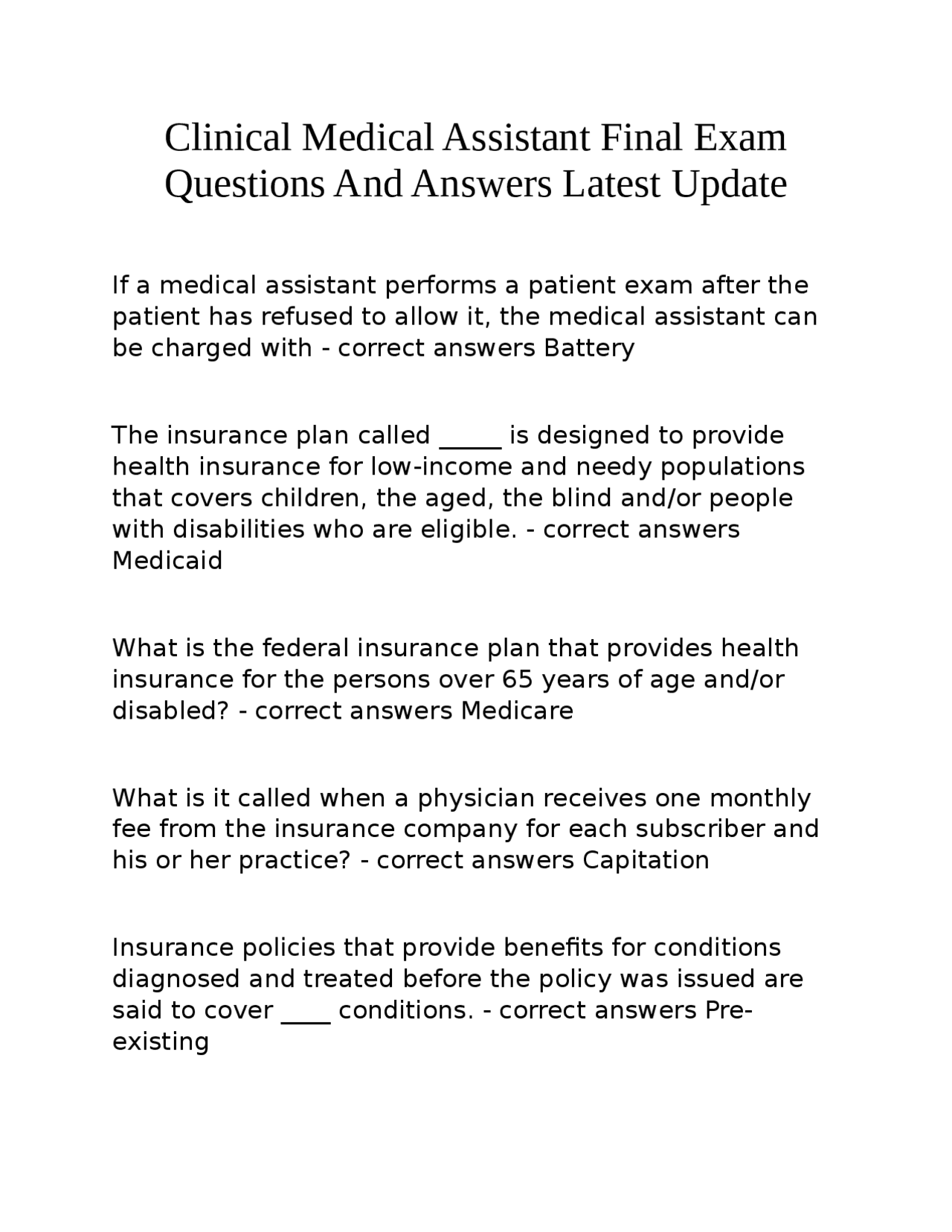 Clinical Medical Assistant Final Exam Questions And Answers Latest ...