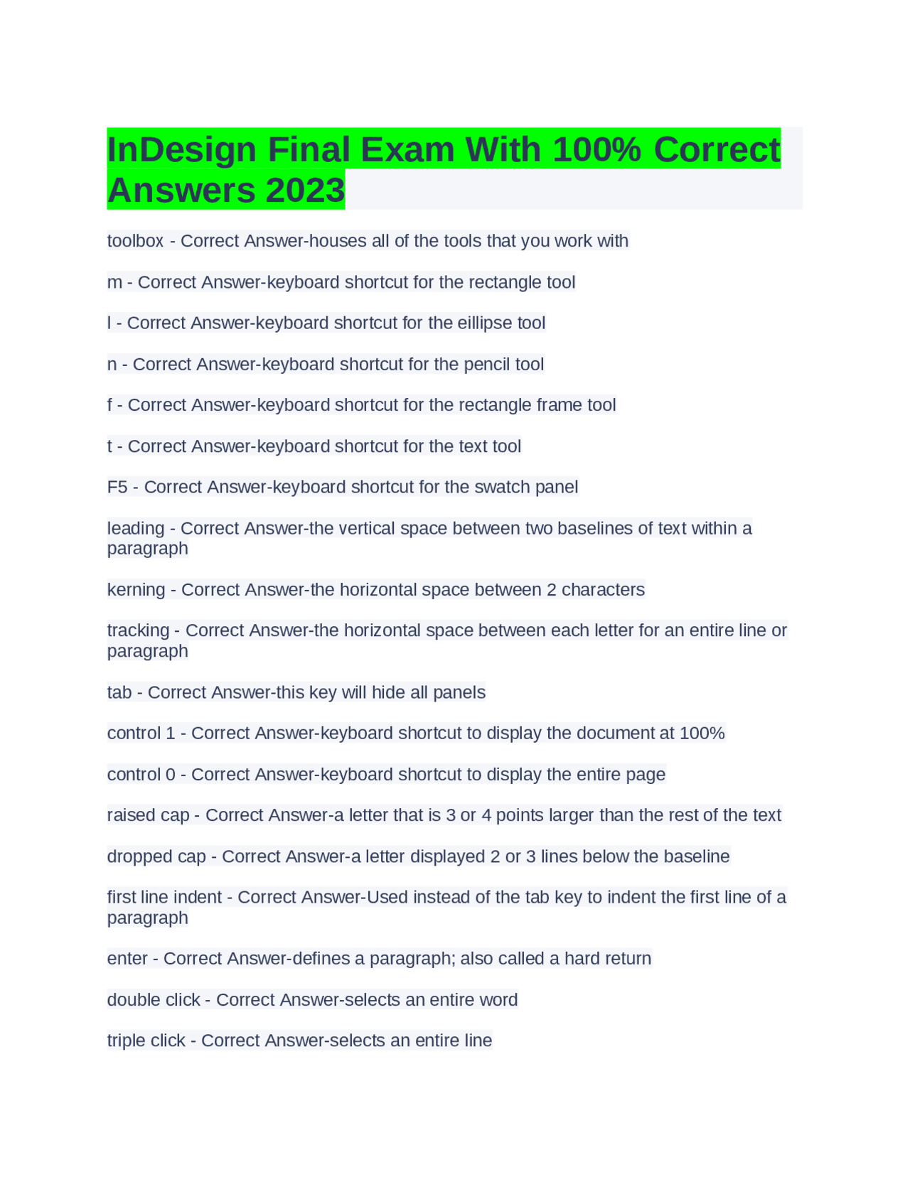 InDesign Final Exam With 100% Correct Answers 2023 | Exams Advanced ...
