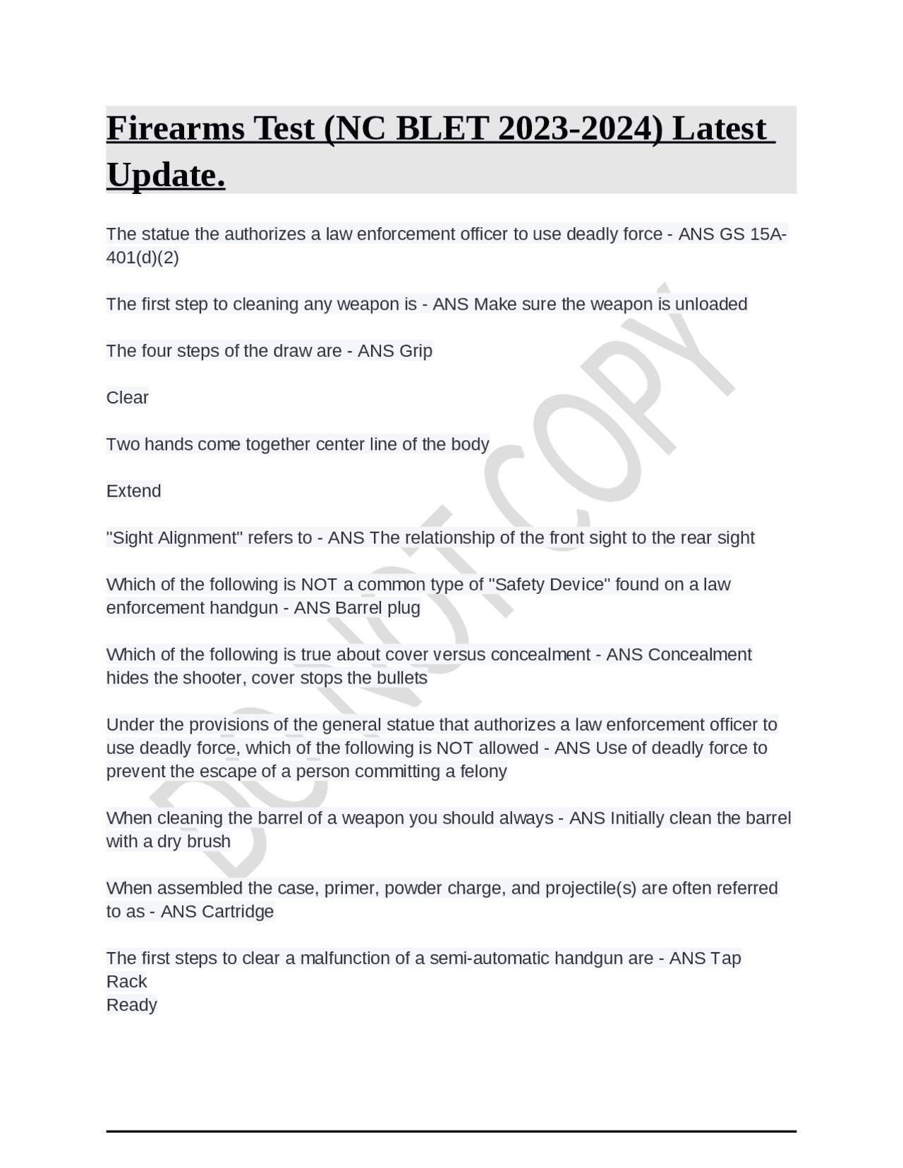 Firearms Test (NC BLET 2023-2024) Latest Update. | Exams Law | Docsity