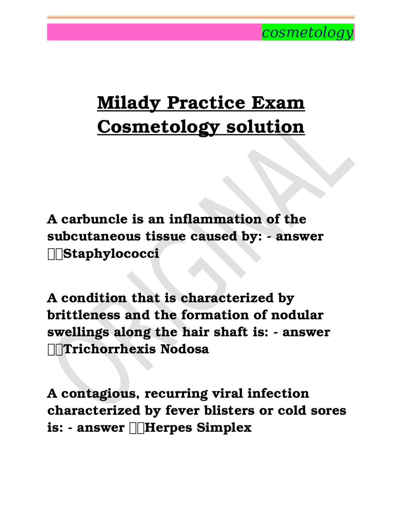Milady Practice Exam Cosmetology solution | Exams Nursing | Docsity