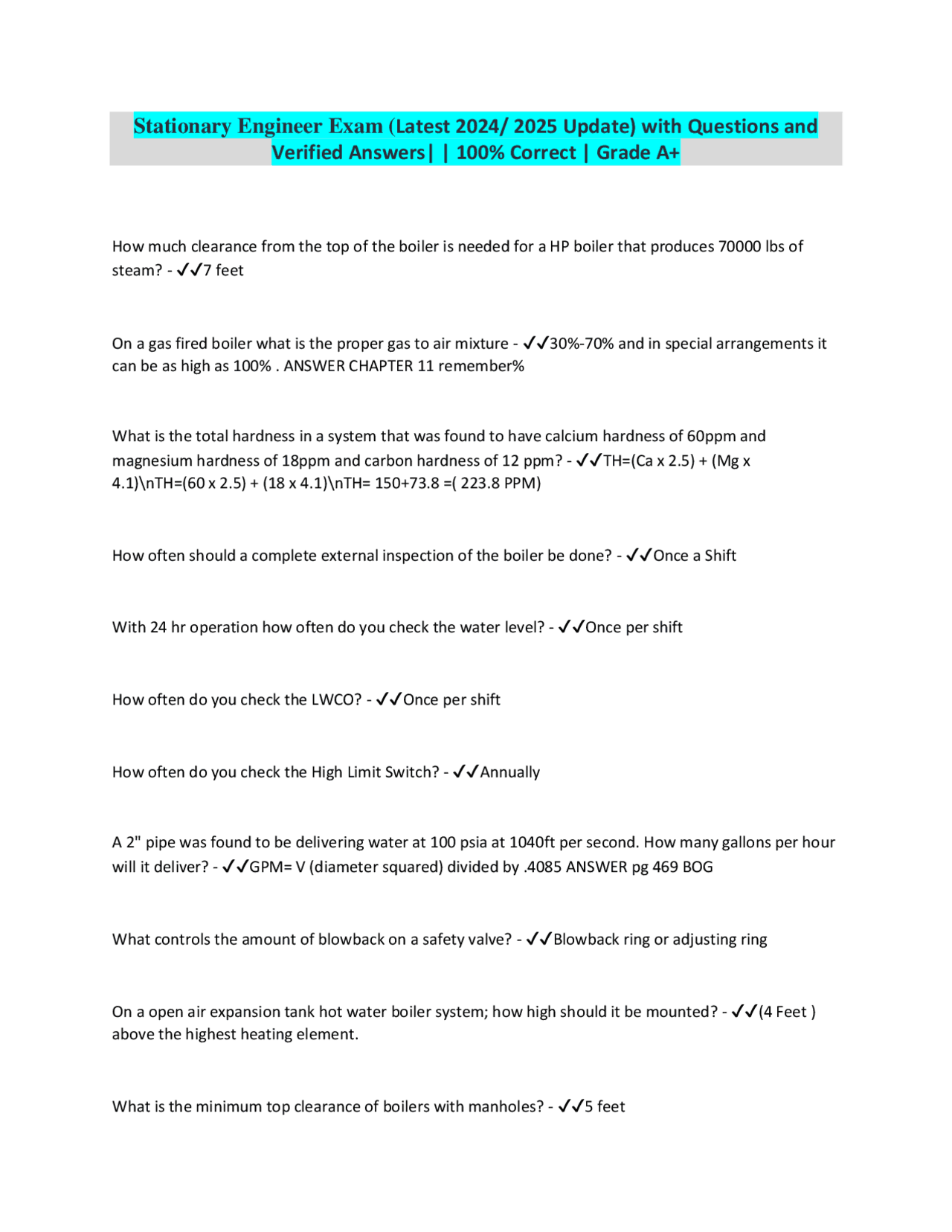 Stationary Engineer Exam (Latest 2024/ 2025 Update) with Questions and ...