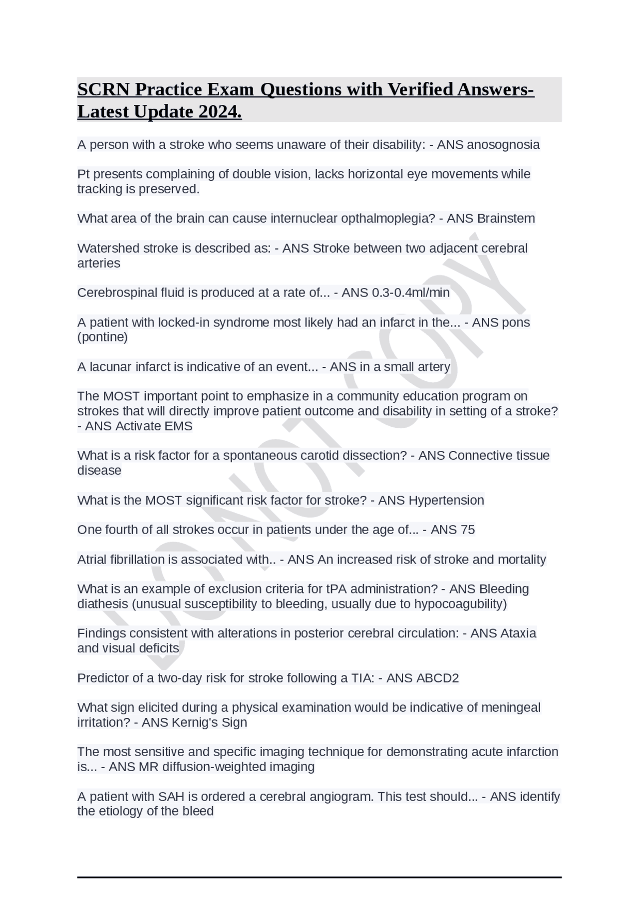 SCRN Practice Exam Questions with Verified Answers-Latest Update 2024 ...