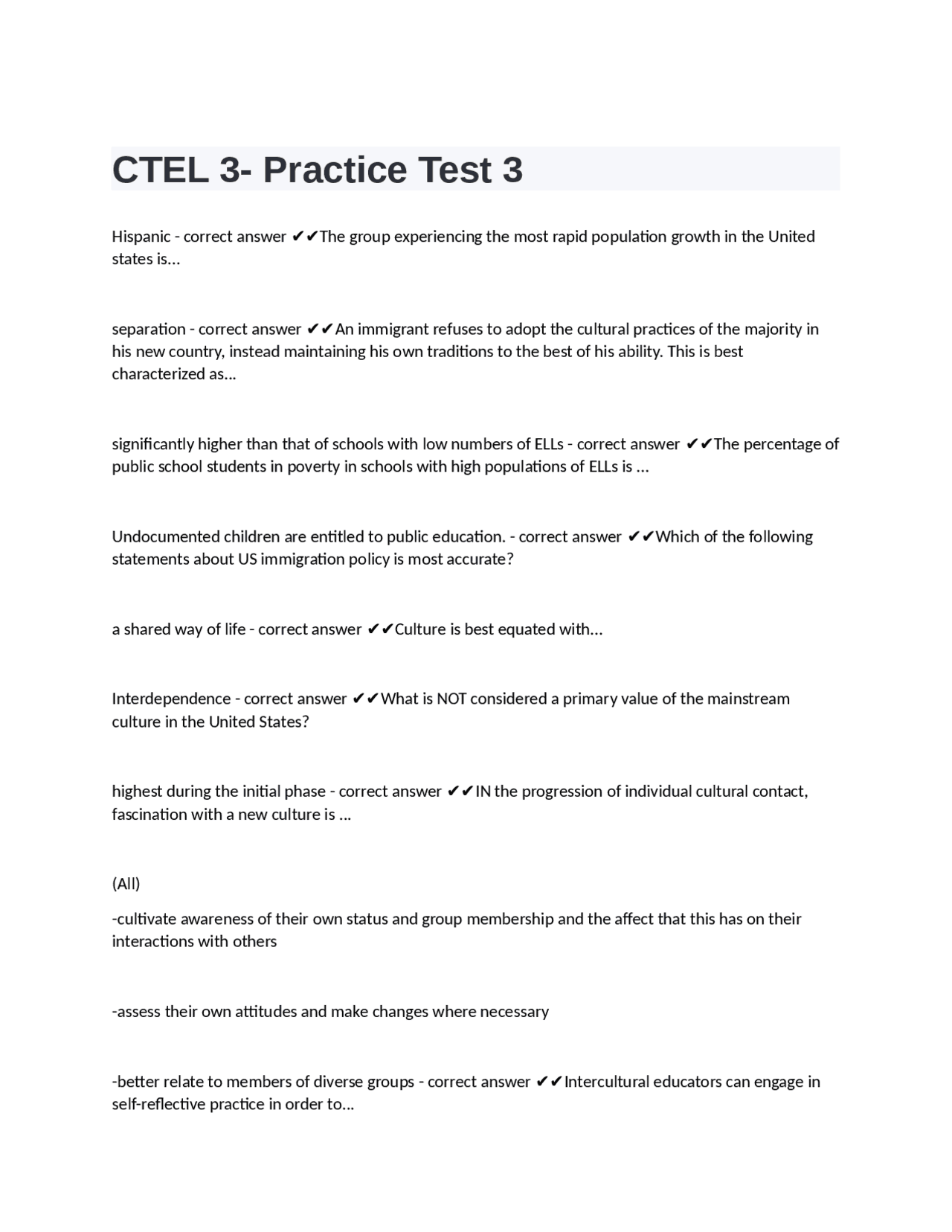 CTEL 3- Practice Test 3 questions with answers | Exams Nursing | Docsity