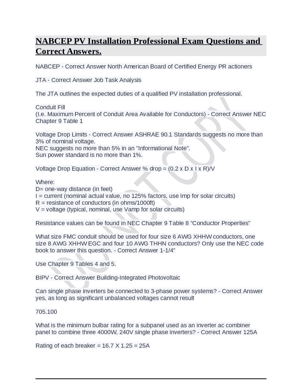 NABCEP PV Installation Professional Exam Questions and Correct Answers ...