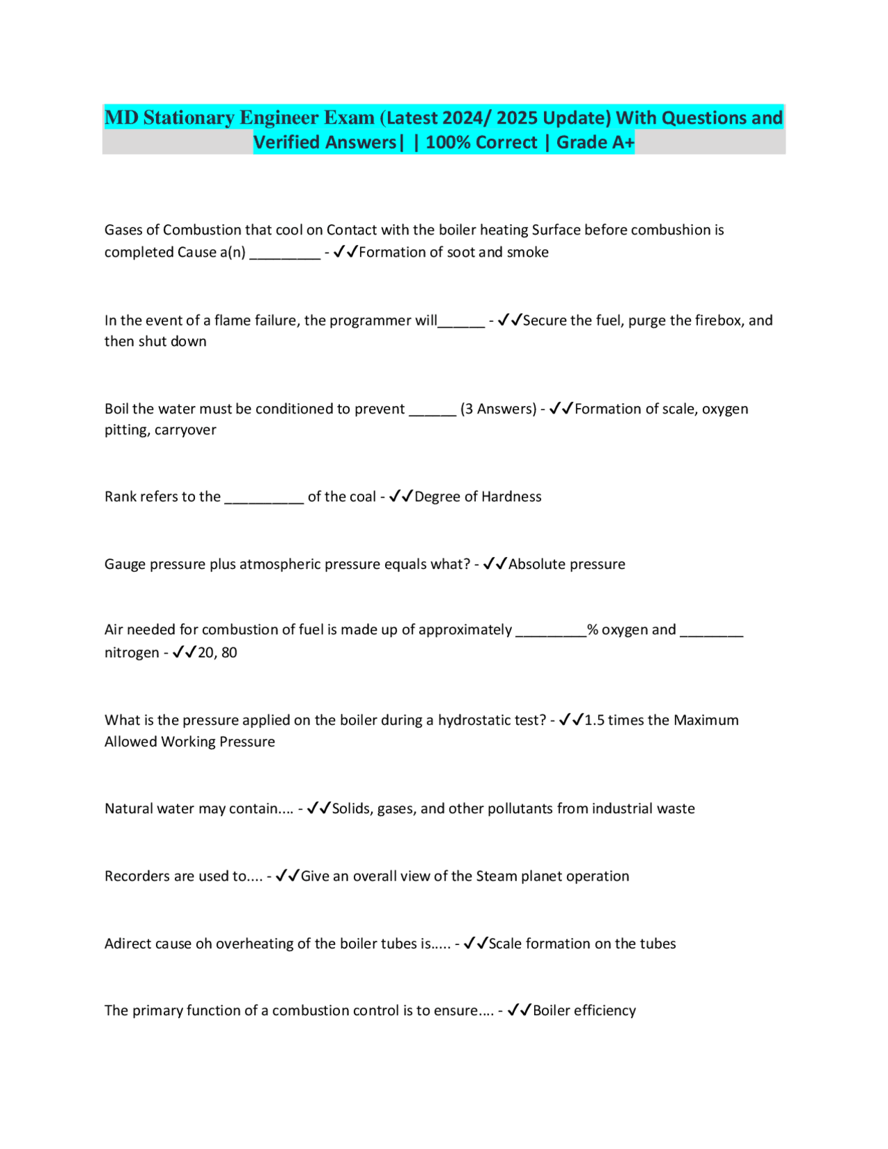 MD Stationary Engineer Exam (Latest 2024/ 2025 Update) With Questions ...