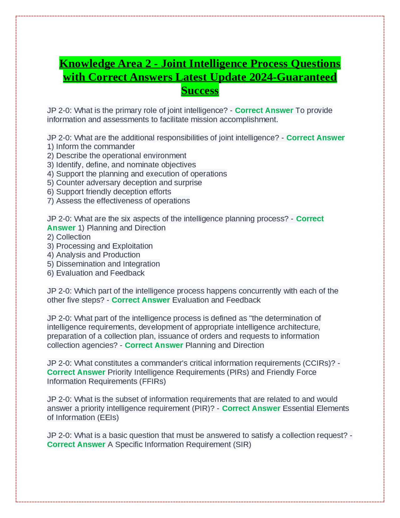 Knowledge Area 2 - Joint Intelligence Process Questions with Correct ...