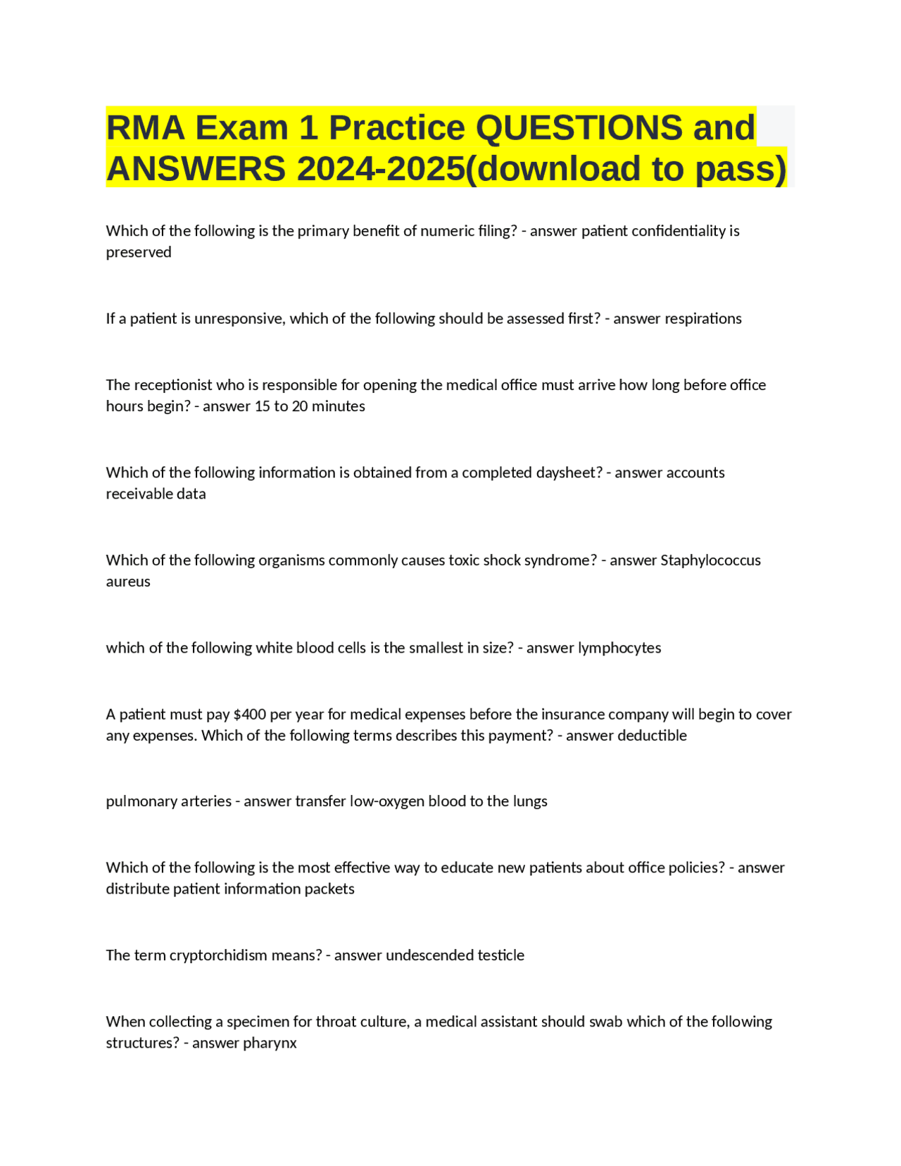 RMA Exam 1 Practice QUESTIONS and ANSWERS 2024-2025(download to pass ...