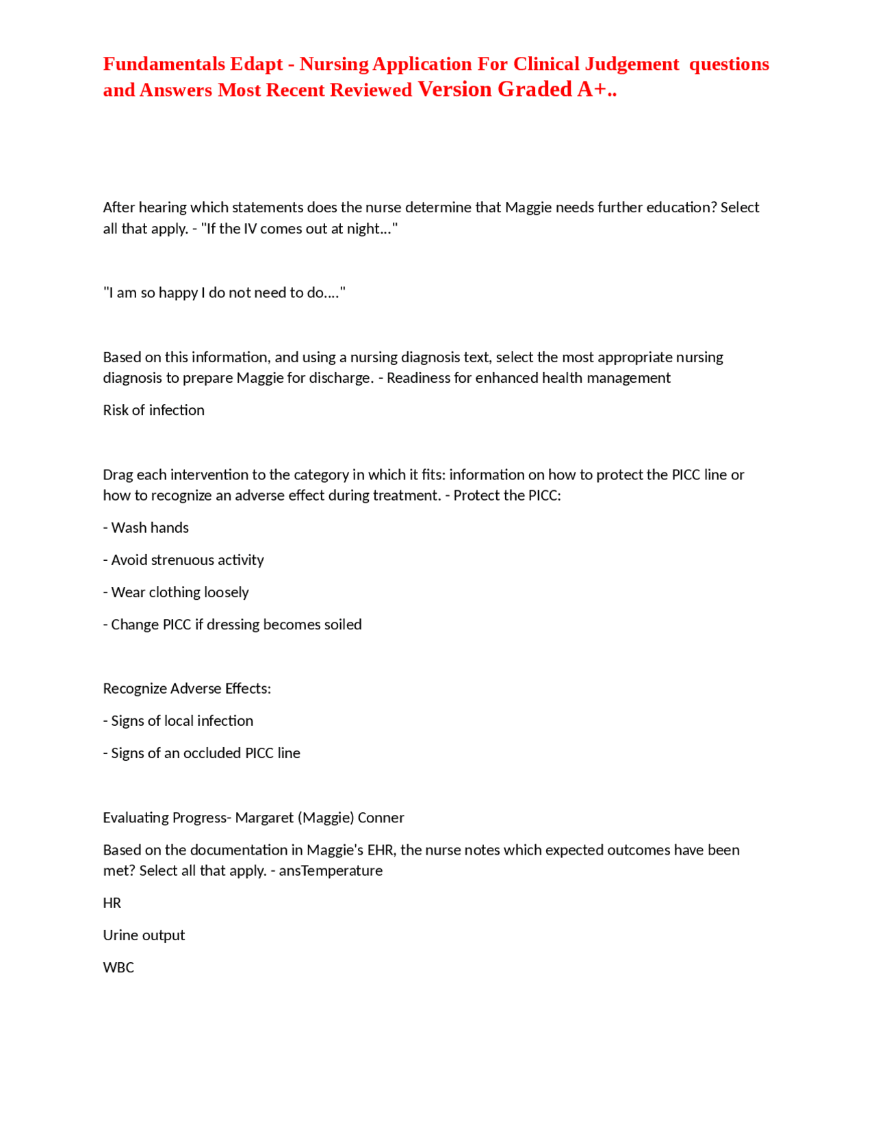 Fundamentals Edapt - Nursing Application For Clinical Judgement questions and Answers Mos ...