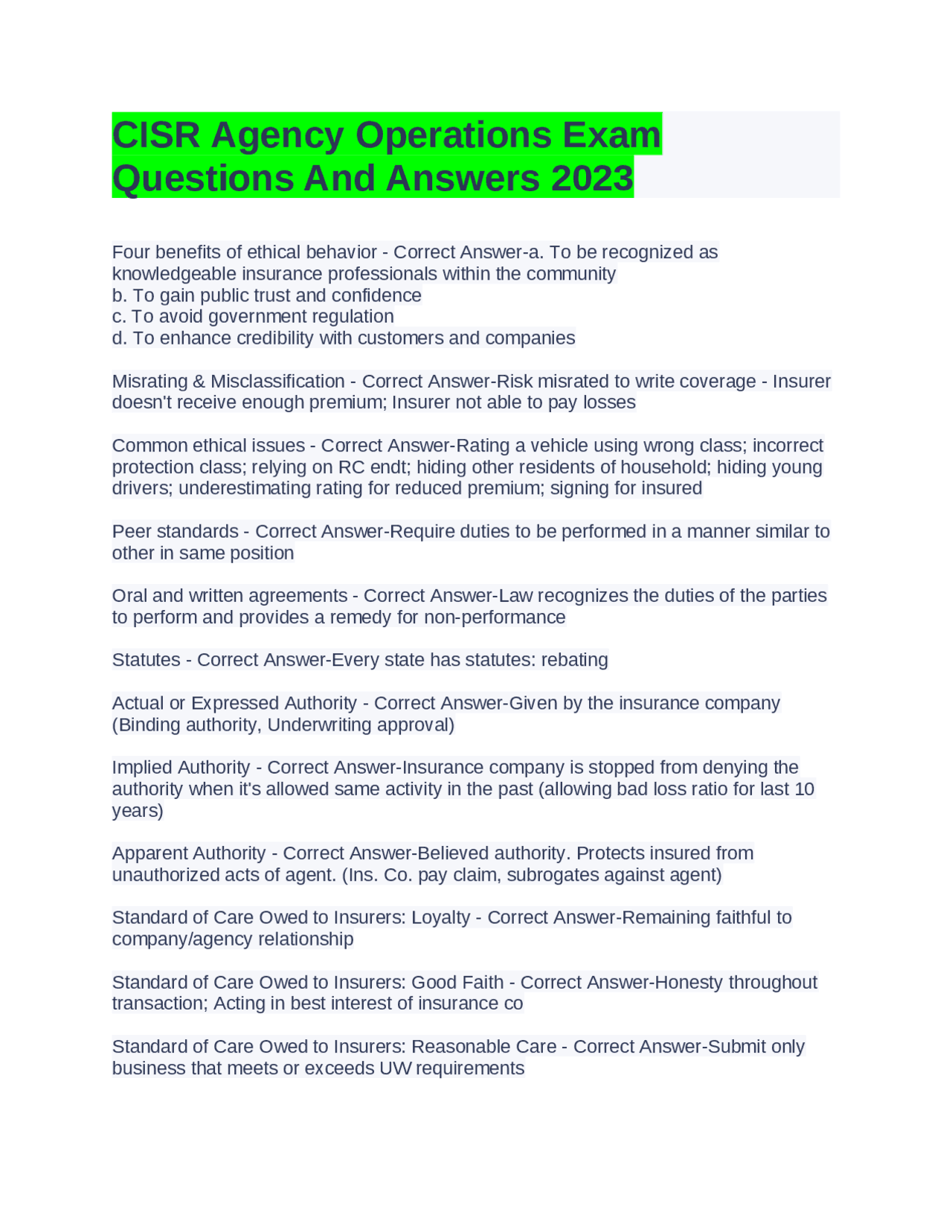 CISR Agency Operations Exam Questions And Answers 2023 | Exams Advanced ...