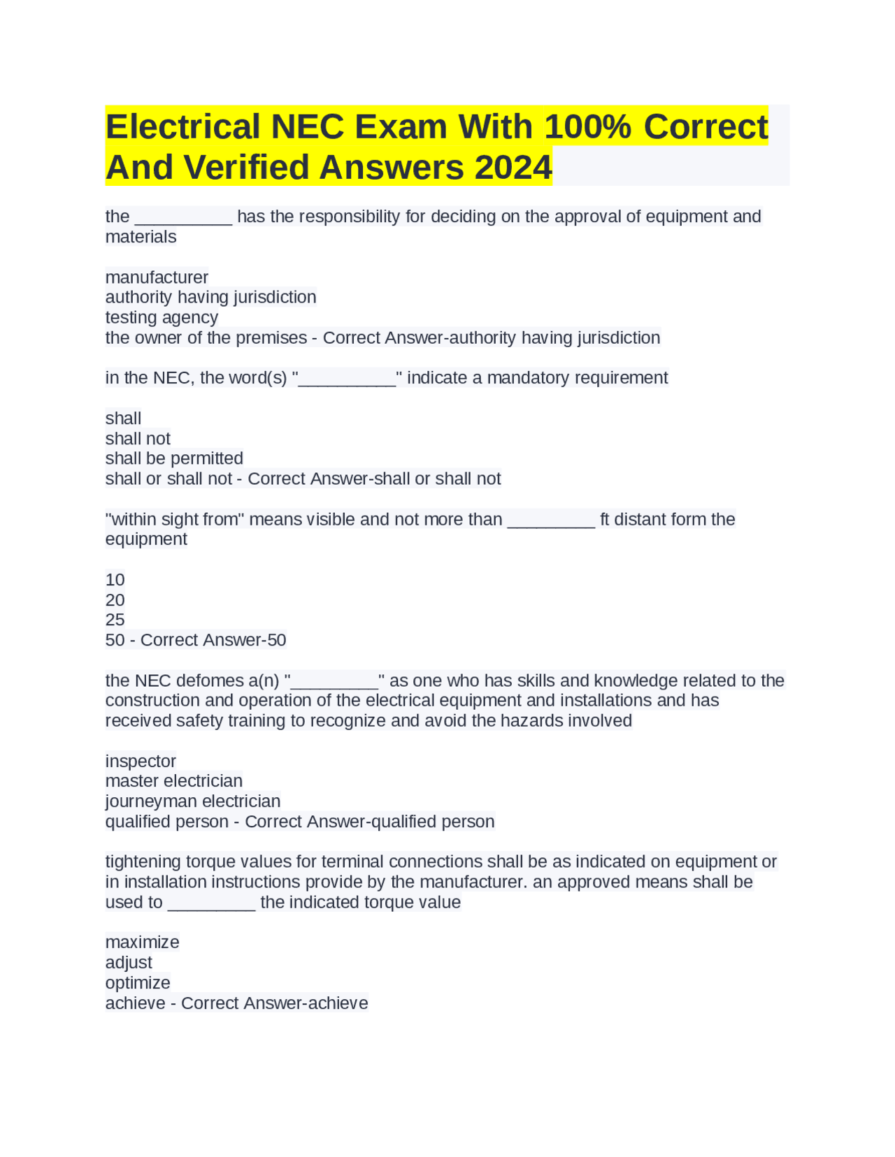 Electrical NEC Exam With 100% Correct And Verified Answers 2024 | Exams ...