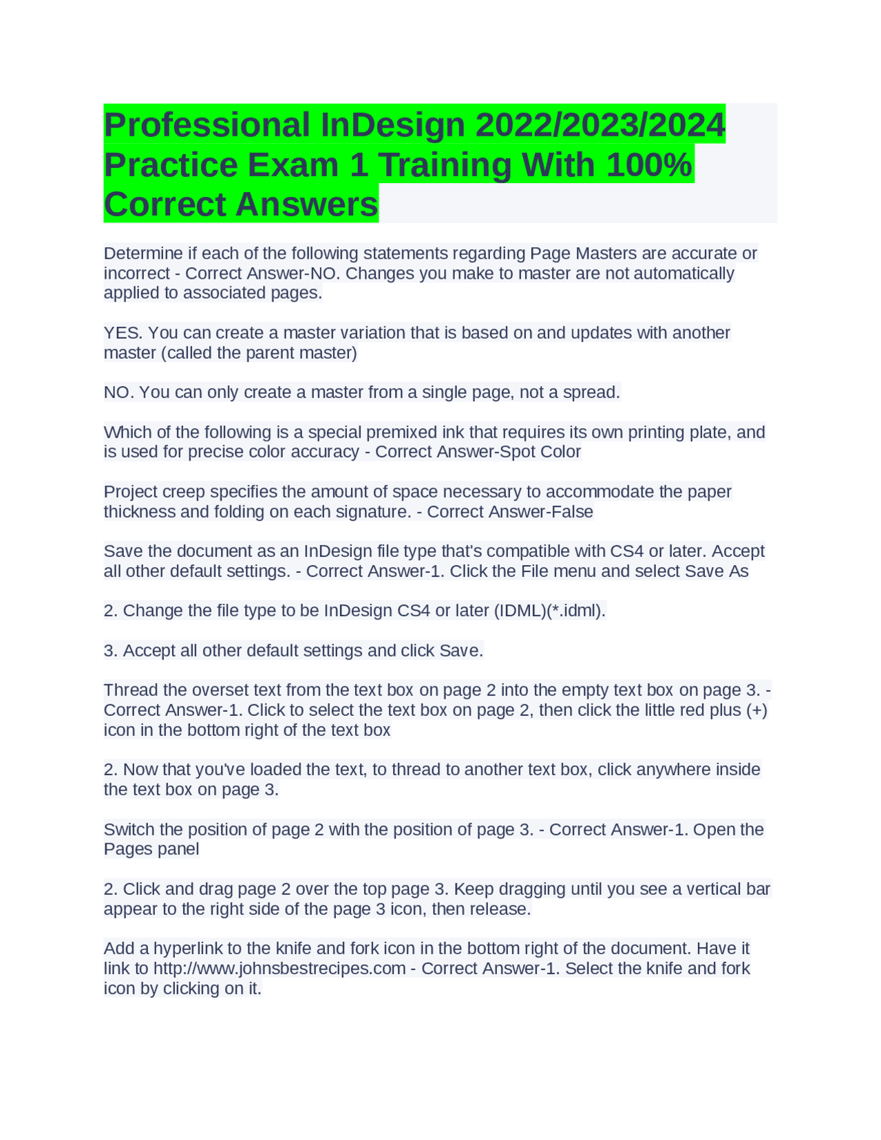 Professional InDesign 2022/2023/2024 Practice Exam 1 Training With 100 ...