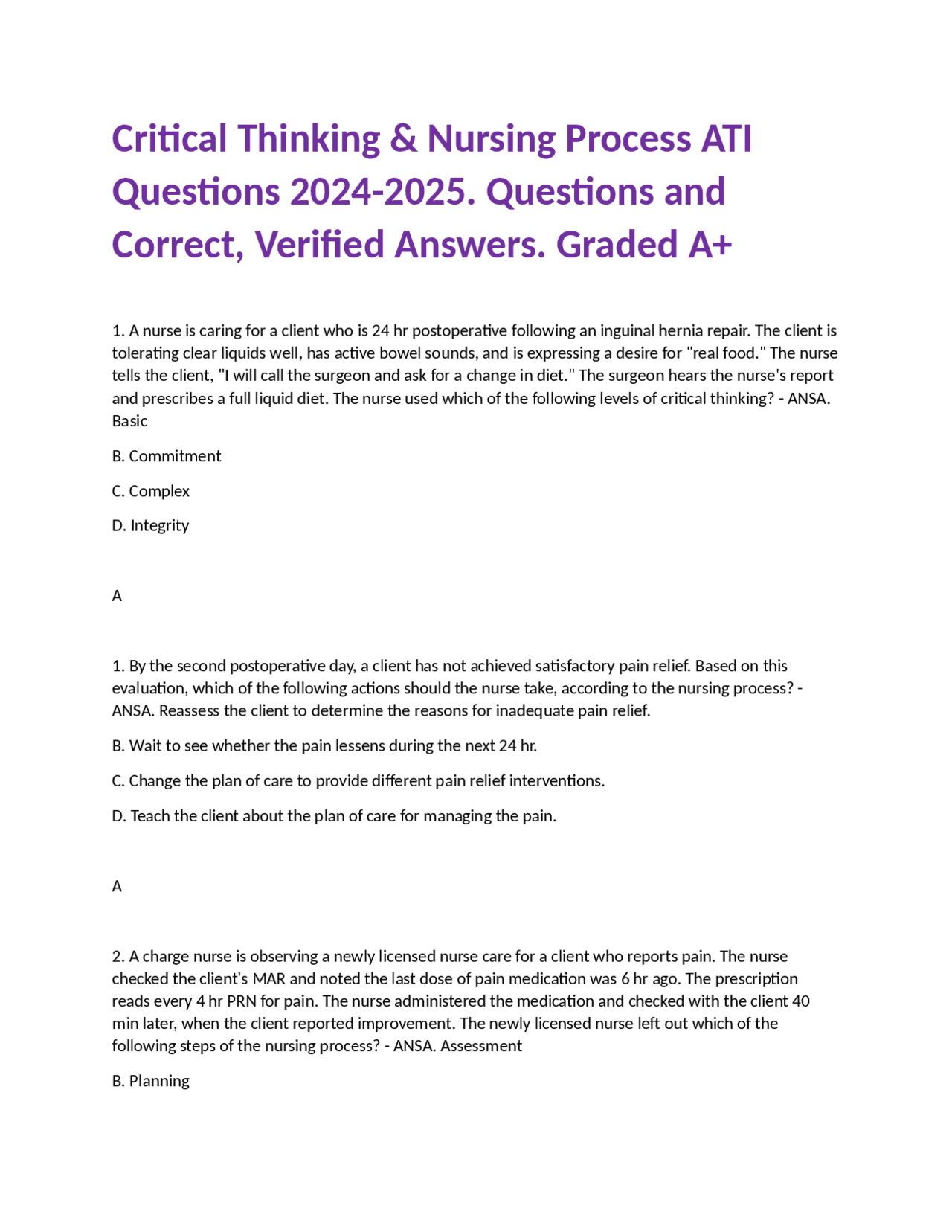 Critical Thinking & Nursing Process ATI Questions 2024-2025. Questions ...