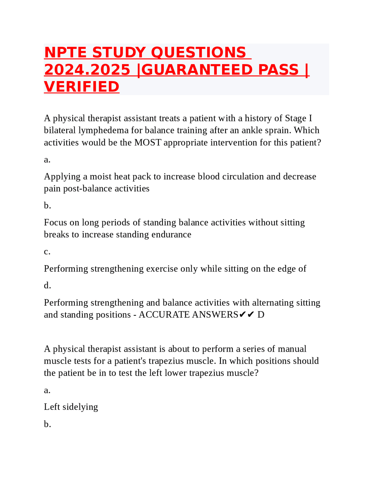 NPTE STUDY QUESTIONS 2024.2025 |GUARANTEED PASS |VERIFIED | Exams ...