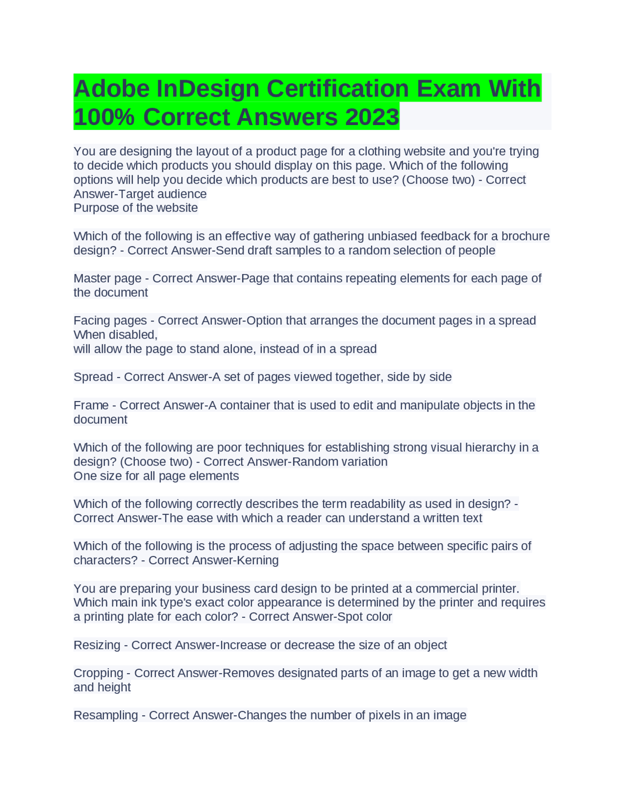 Adobe InDesign Certification Exam With 100% Correct Answers 2023 ...