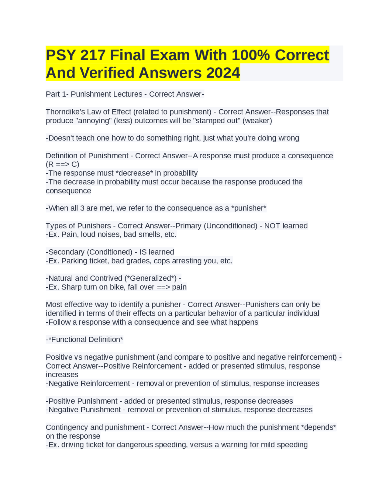 PSY 217 Final Exam With 100% Correct And Verified Answers 2024 | Exams ...