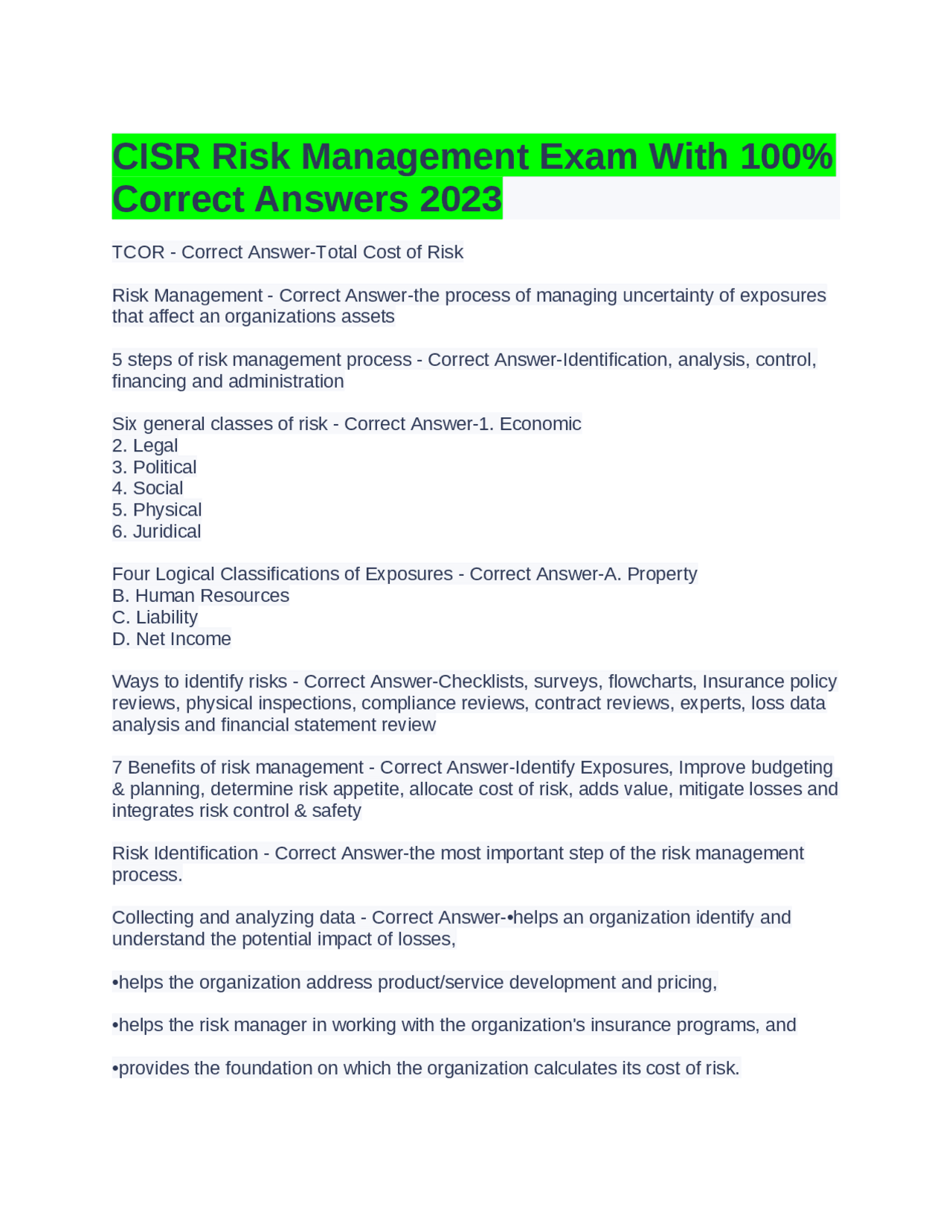 CISR Risk Management Exam With 100% Correct Answers 2023 | Exams ...