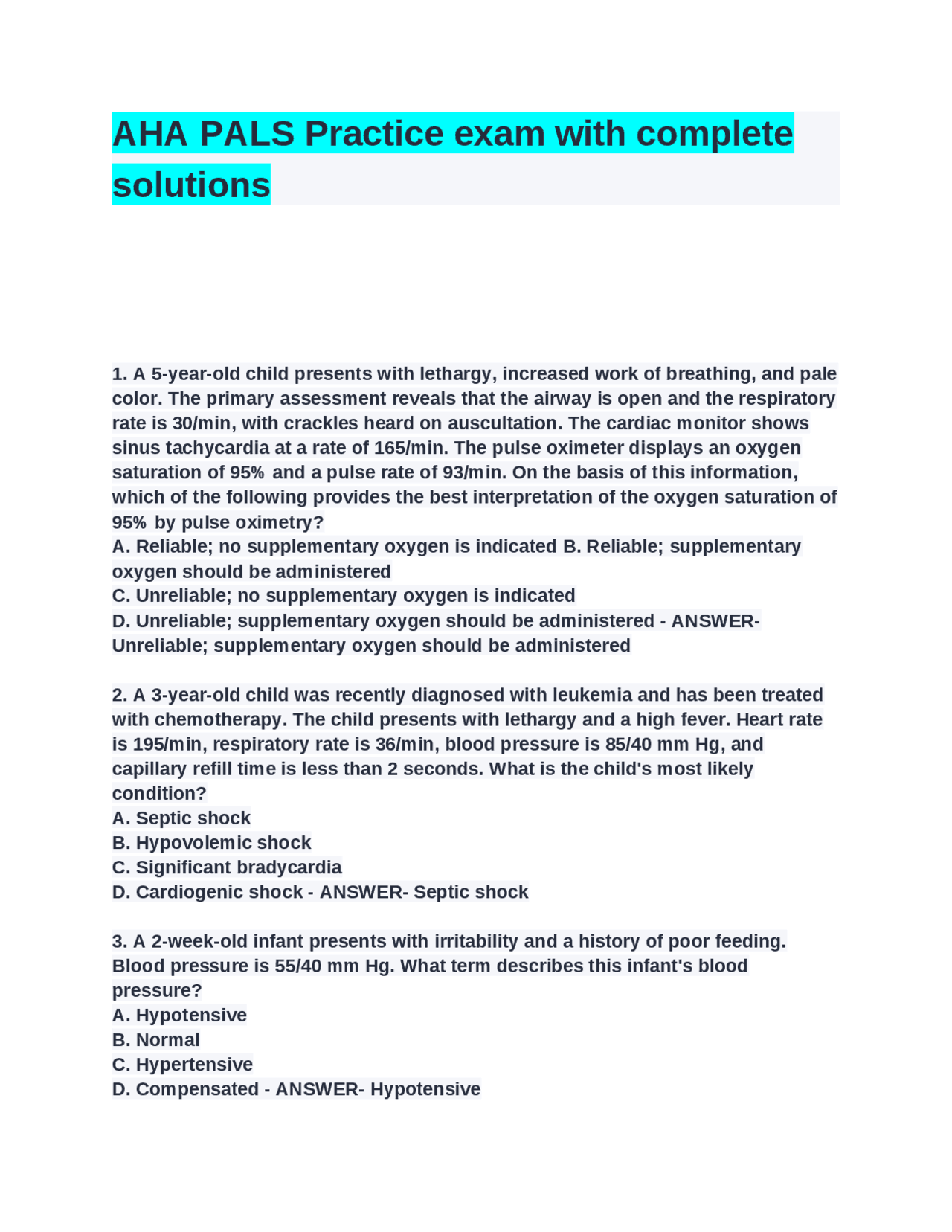 AHA PALS Practice exam with complete solutions | Exams Nursing | Docsity