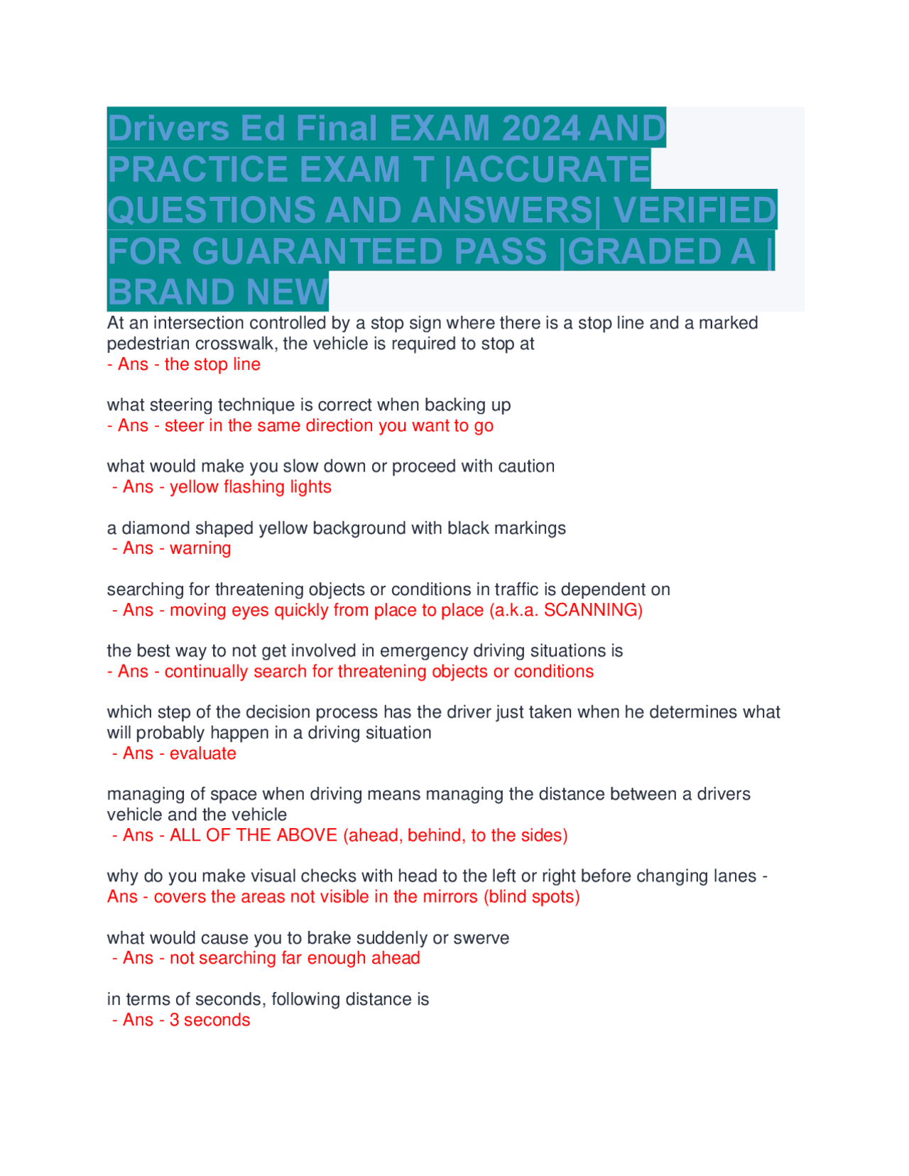 Drivers Ed Final EXAM 2024 AND PRACTICE EXAM T |ACCURATE QUESTIONS AND ...