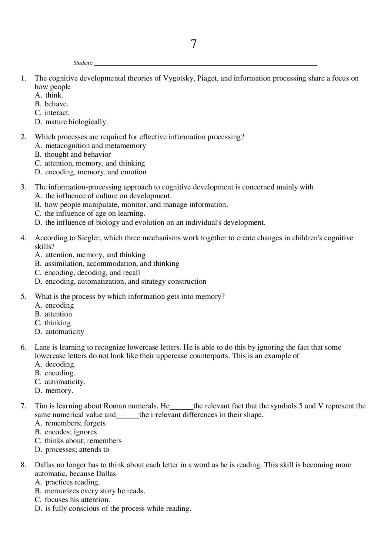 Chapter 7 Information Processing | Exams Nursing | Docsity