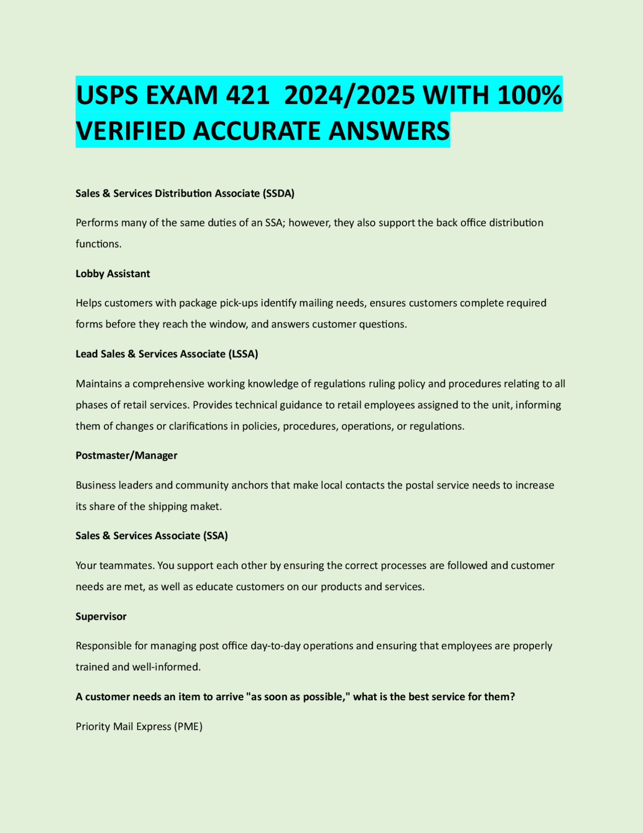 USPS EXAM 421 2024/2025 WITH 100% VERIFIED ACCURATE ANSWERS | Exams ...