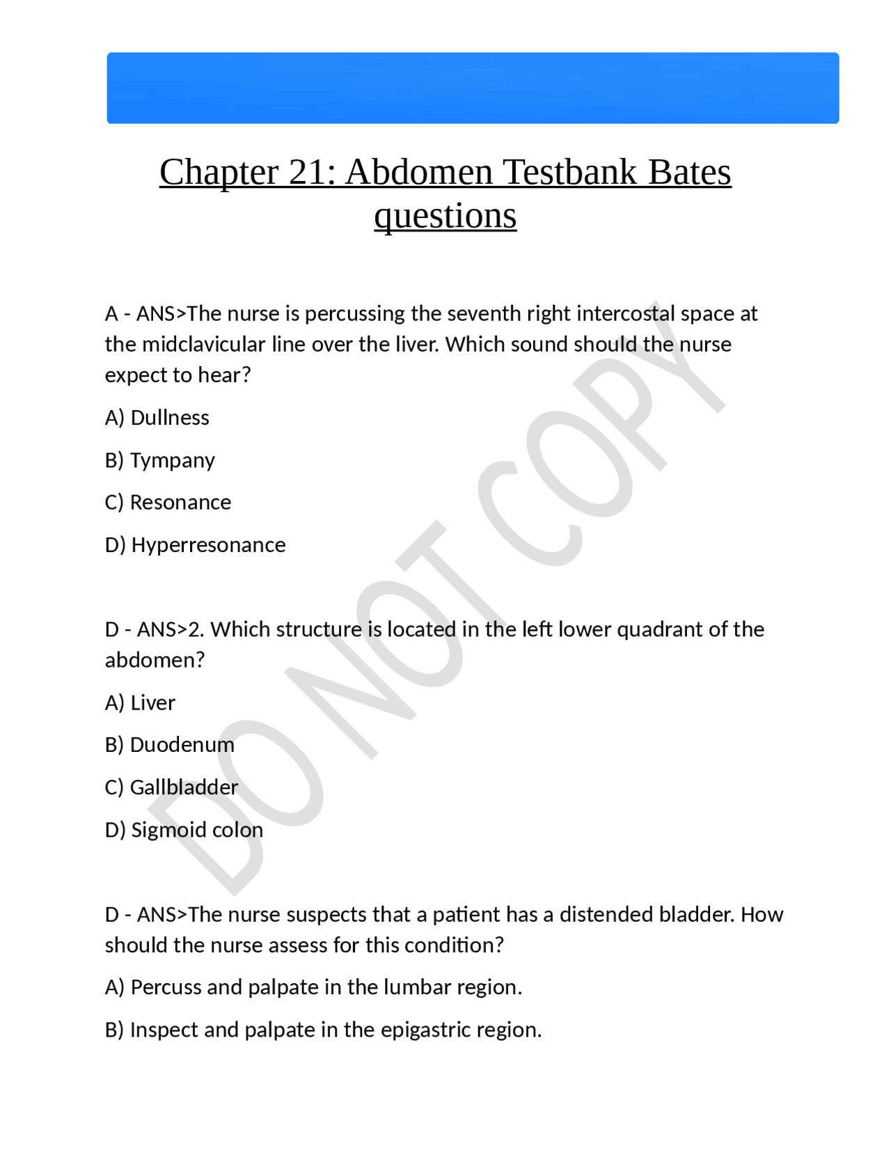 Chapter 21 Abdomen Testbank Bates questions 2024/2025 Detailed ...