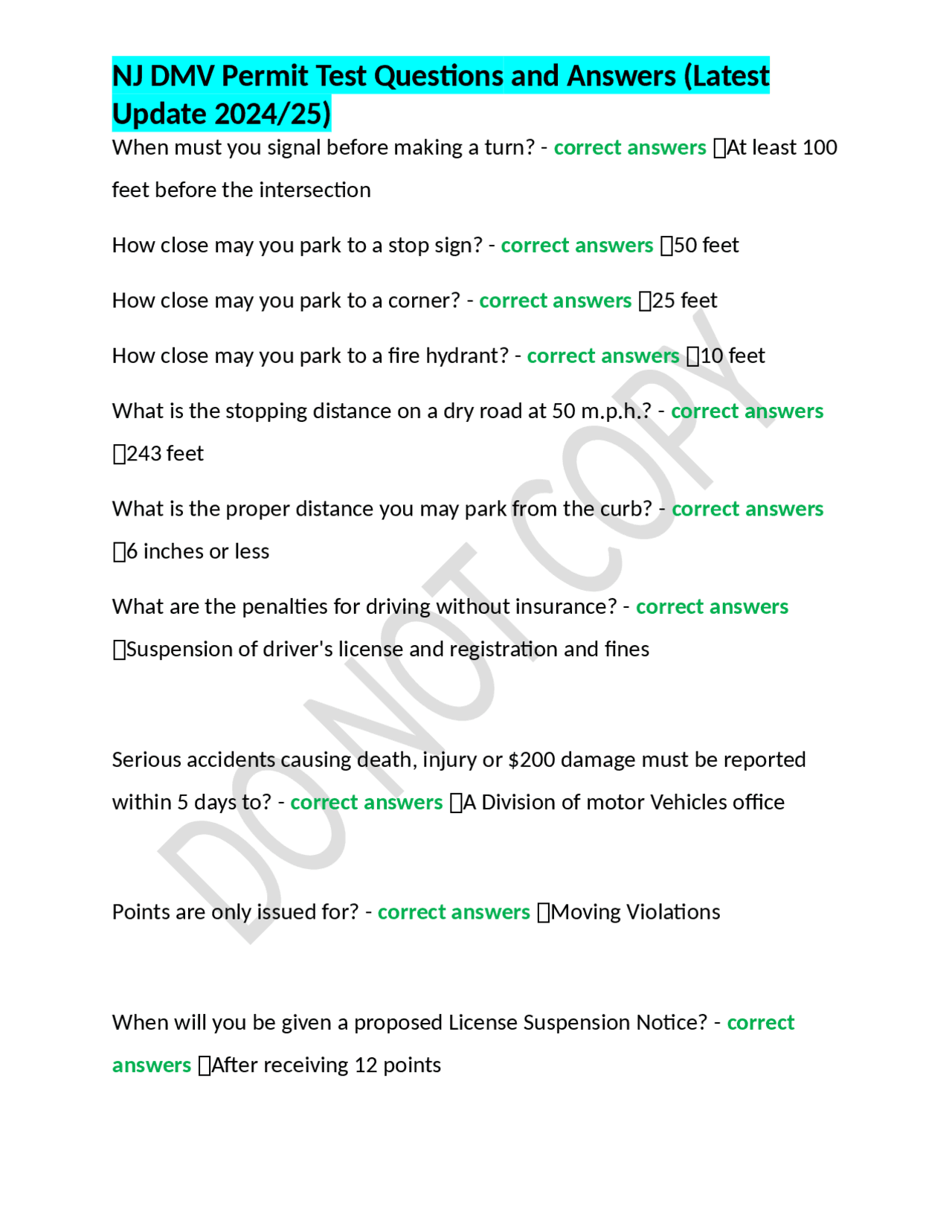 NJ DMV Permit Test Questions and Answers (Latest Update 2024/25 ...