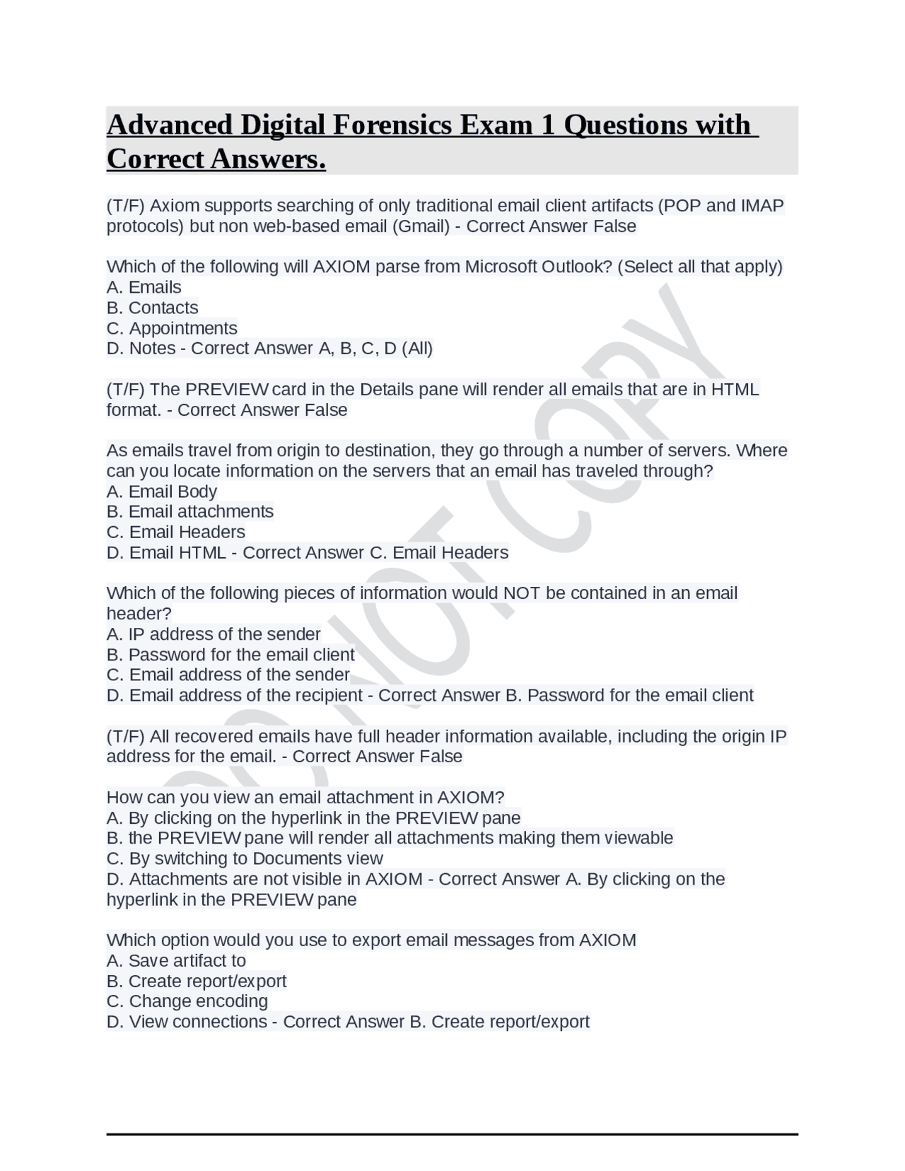 Advanced Digital Forensics Exam 1 Questions with Correct Answers. | Exams Forensics | Docsity