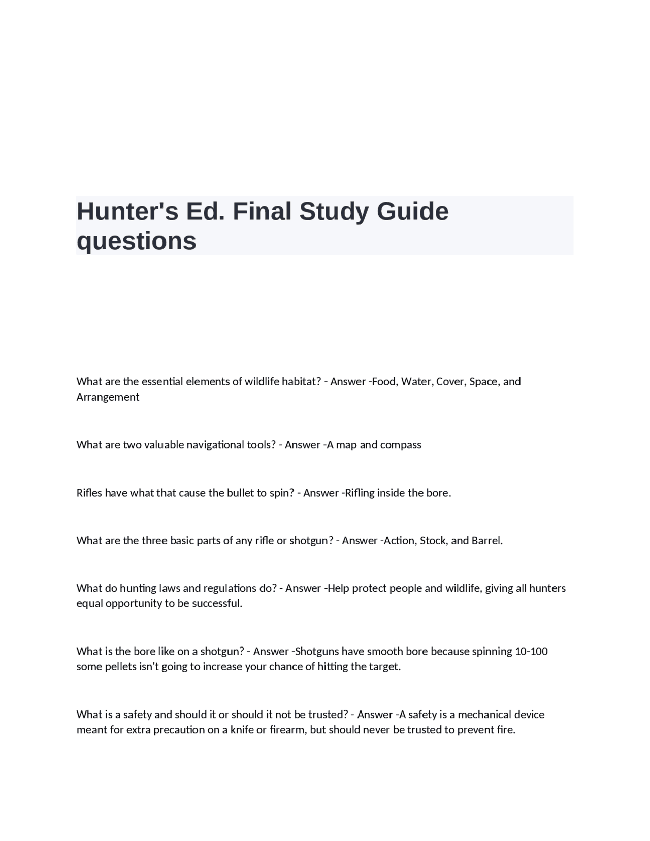 Hunter's Ed. Final Study Guide questions and answers | Exams Marine ...