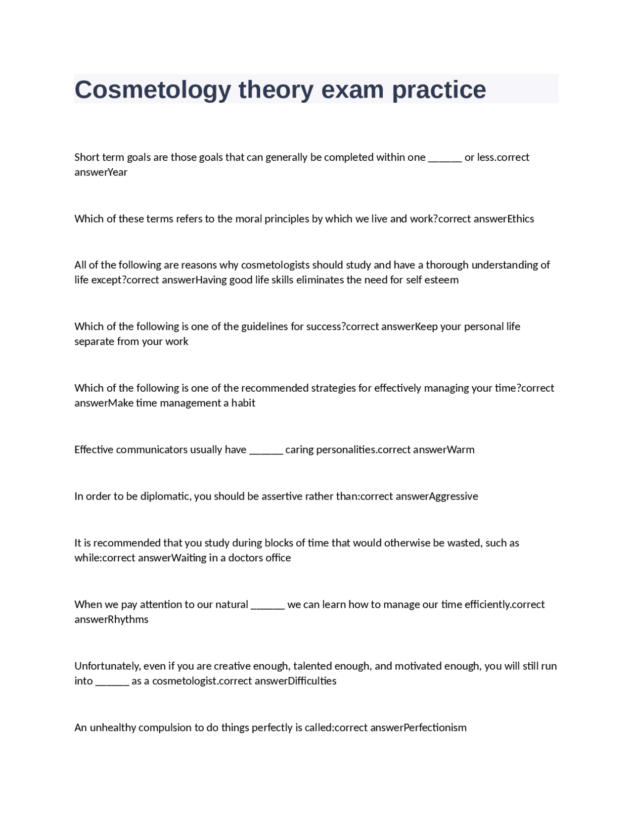 Cosmetology theory exam practice questions with correct answers | Exams ...