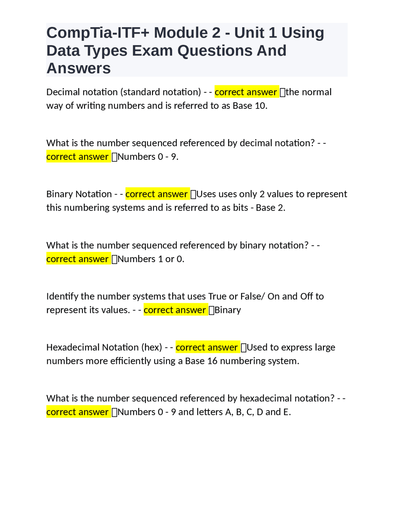 CompTia-ITF+ Module 2 - Unit 1 Using Data Types Exam Questions And Answers | Exams Computer ...