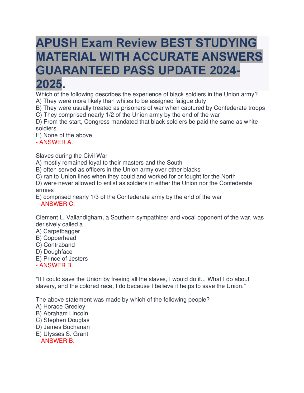 APUSH Exam Review BEST STUDYING MATERIAL WITH ACCURATE ANSWERS ...