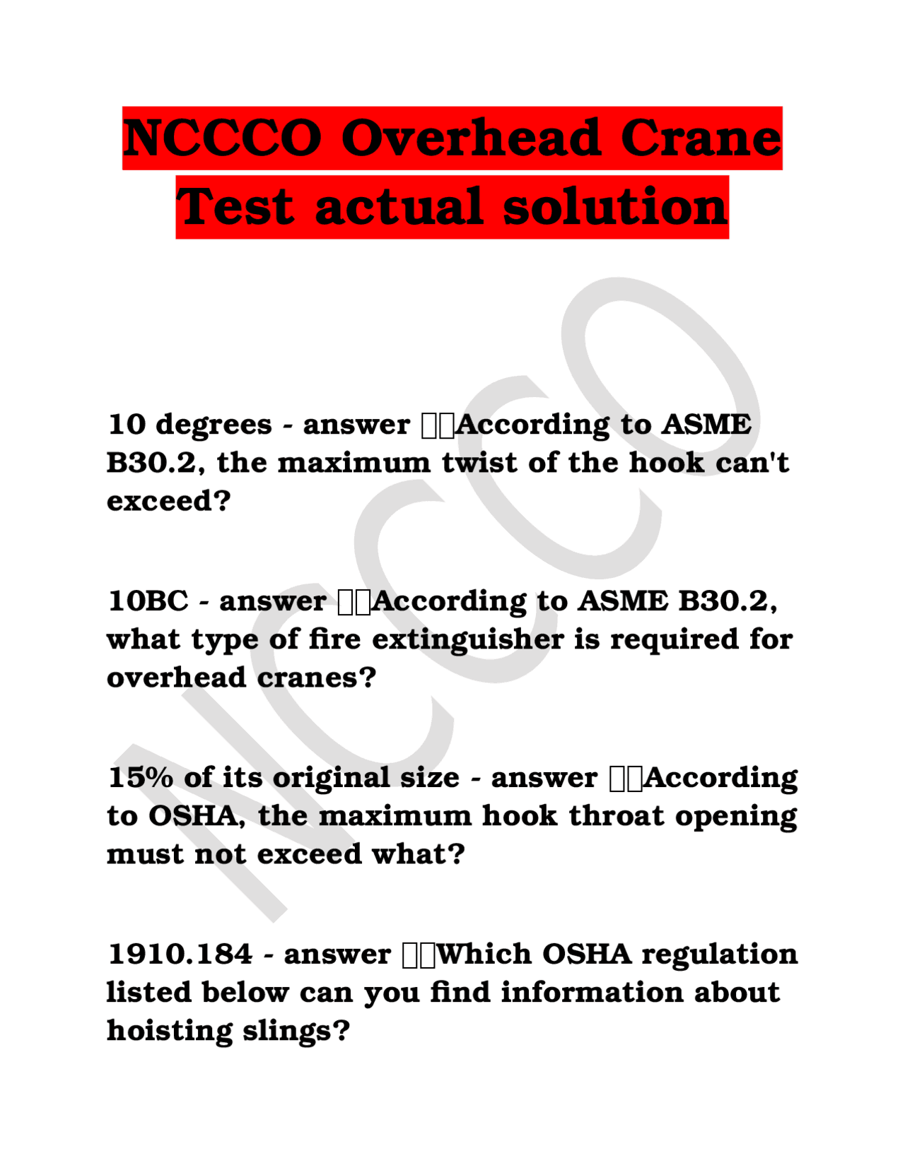 NCCCO Overhead Crane Test actual solution | Exams Nursing | Docsity