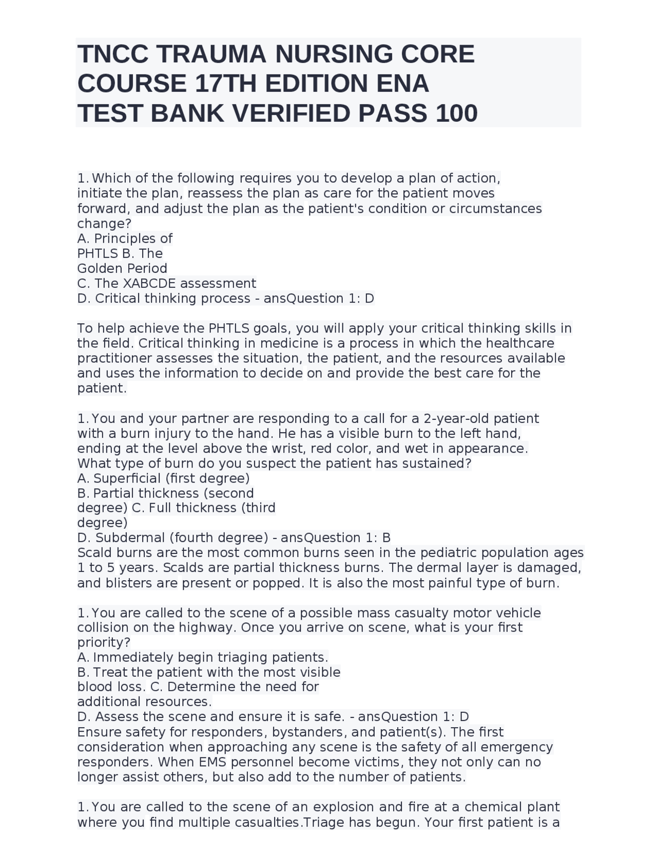 TNCC TRAUMA NURSING CORE COURSE 17TH EDITION ENA TEST BANK VERIFIED ...
