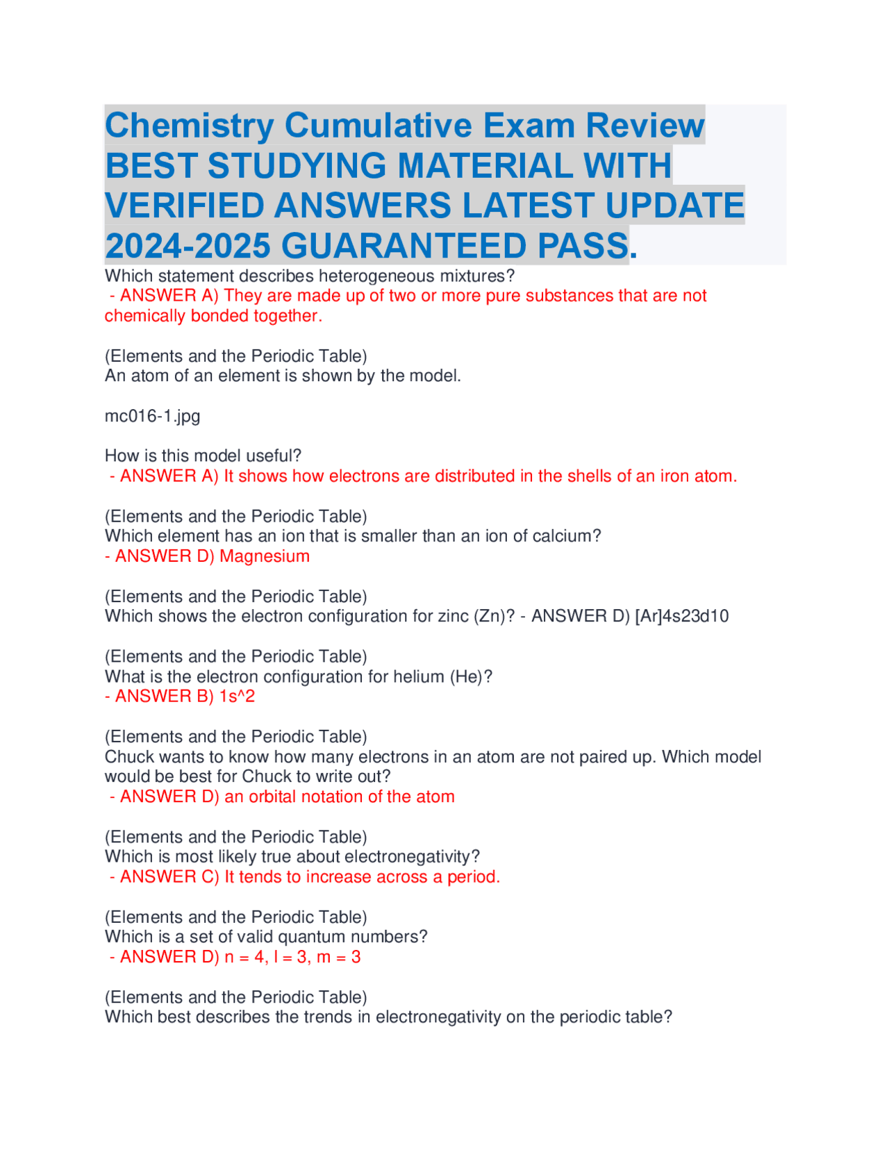 Chemistry Cumulative Exam Review BEST STUDYING MATERIAL WITH VERIFIED ...