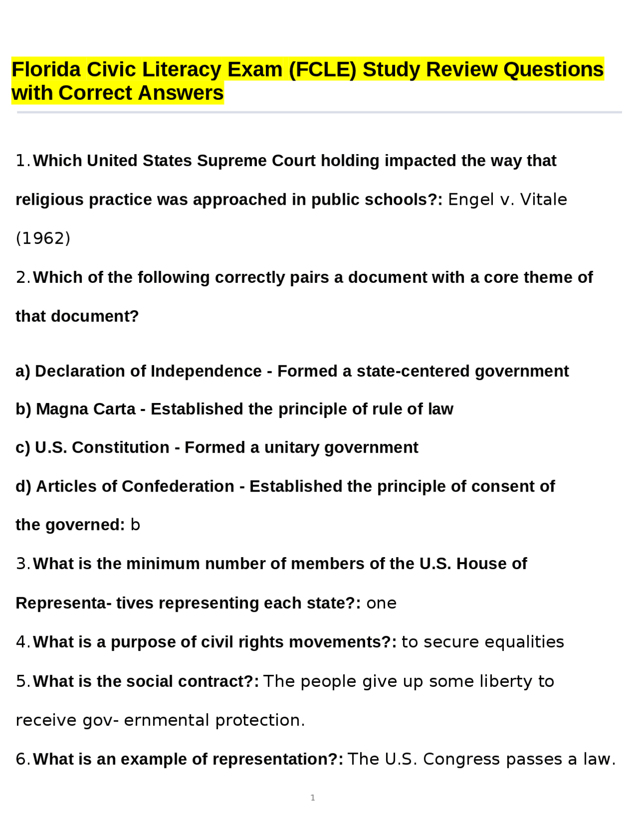 Florida Civic Literacy Exam (FCLE) Study Review Questions with Correct ...
