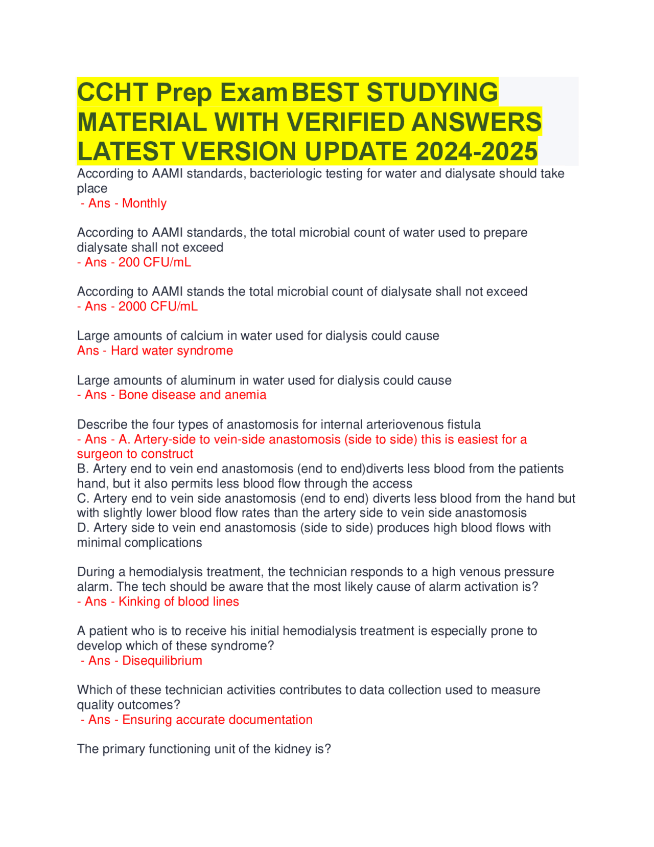 CCHT Prep ExamBEST STUDYING MATERIAL WITH VERIFIED ANSWERS LATEST ...