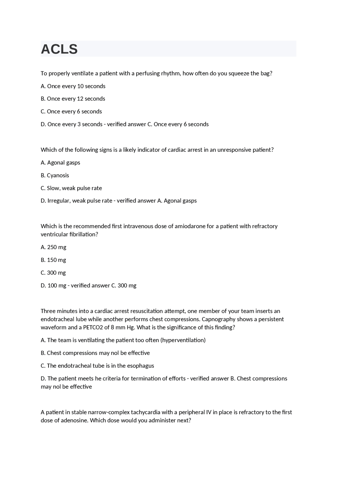 ACLS EXAM REVIEW QUESTIONS AND ANSWERS | Exams Nursing | Docsity